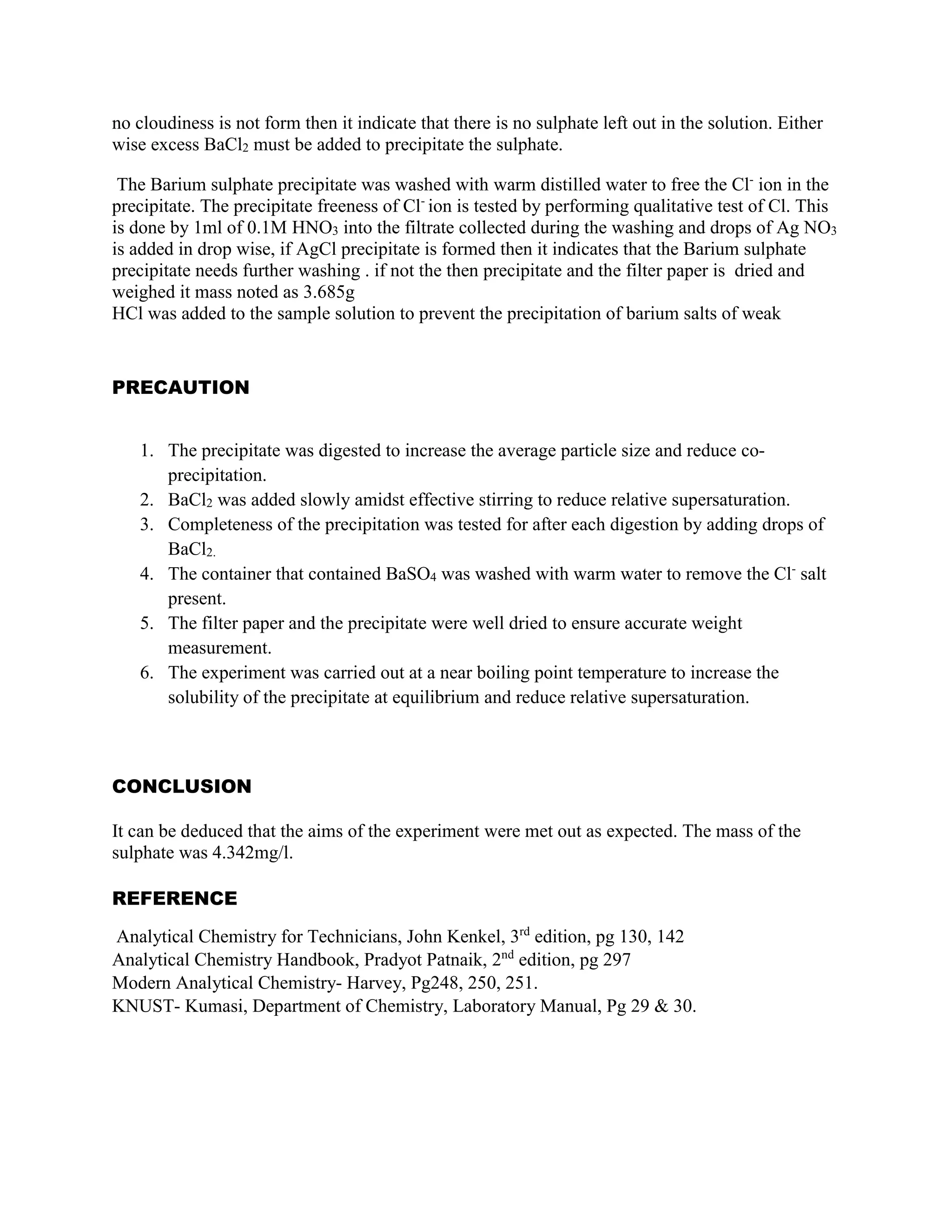 DETERMINATION OF SULPHATE AS BARIUM SULPHATE USING GRAVIMETRY. | PDF