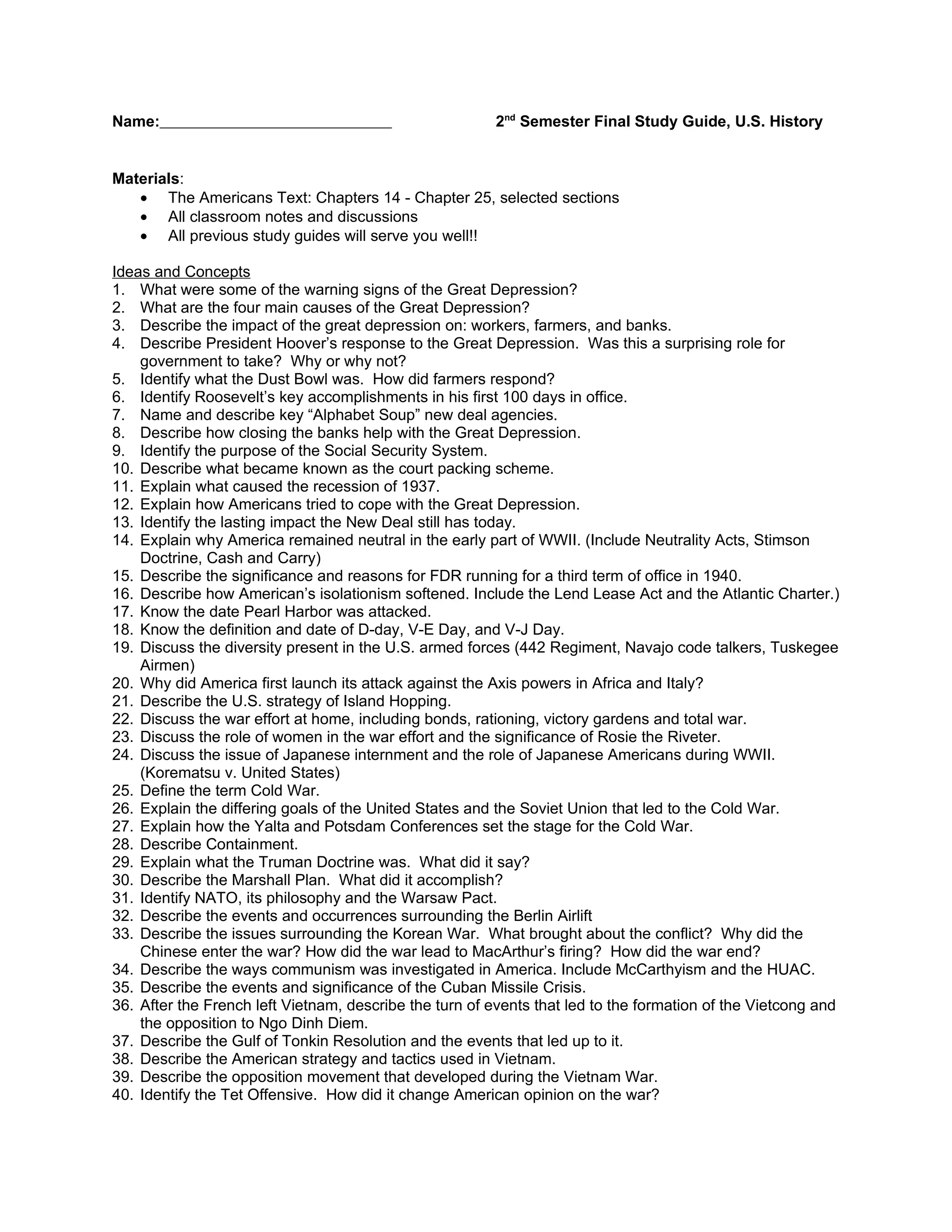 U.S. History 2nd semester final study guide | PDF