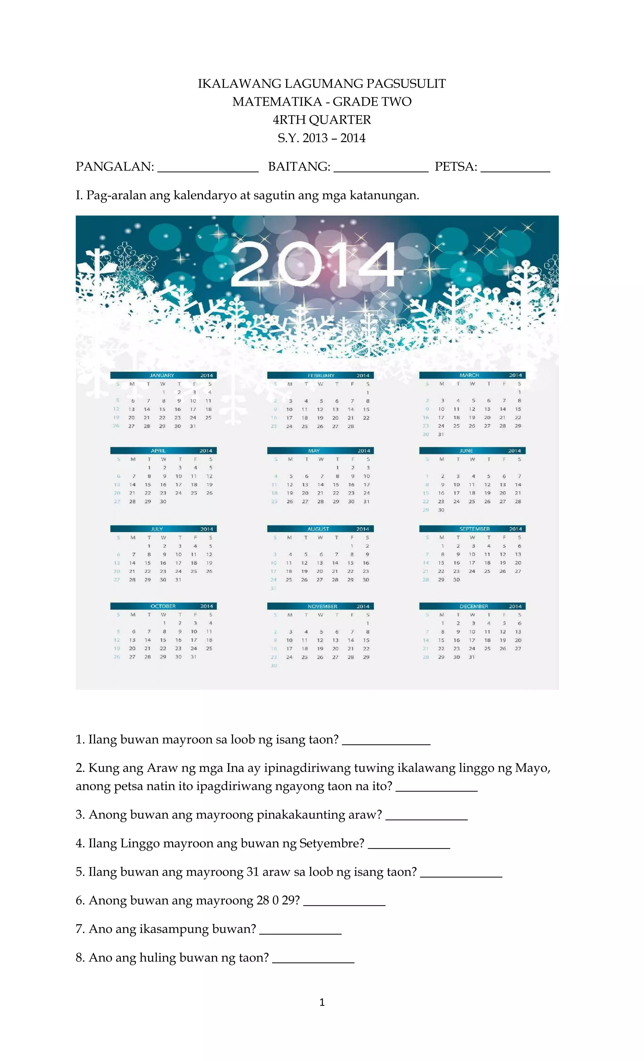 K to 12 MATHEMATICS Grade 2 (4th Quarter 2nd Summative Test) | PDF