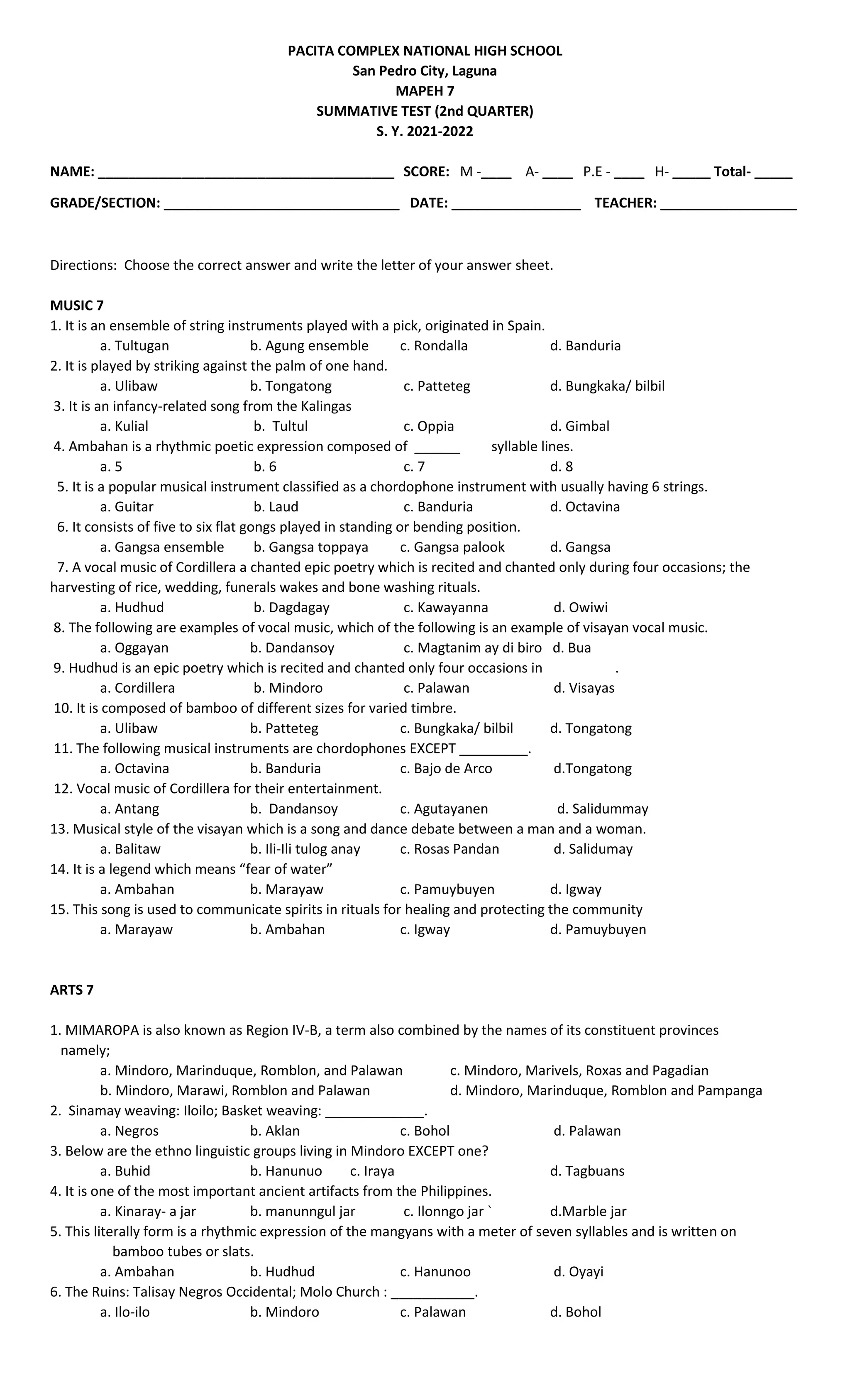 2nd Summative Test Mapeh 7.docx