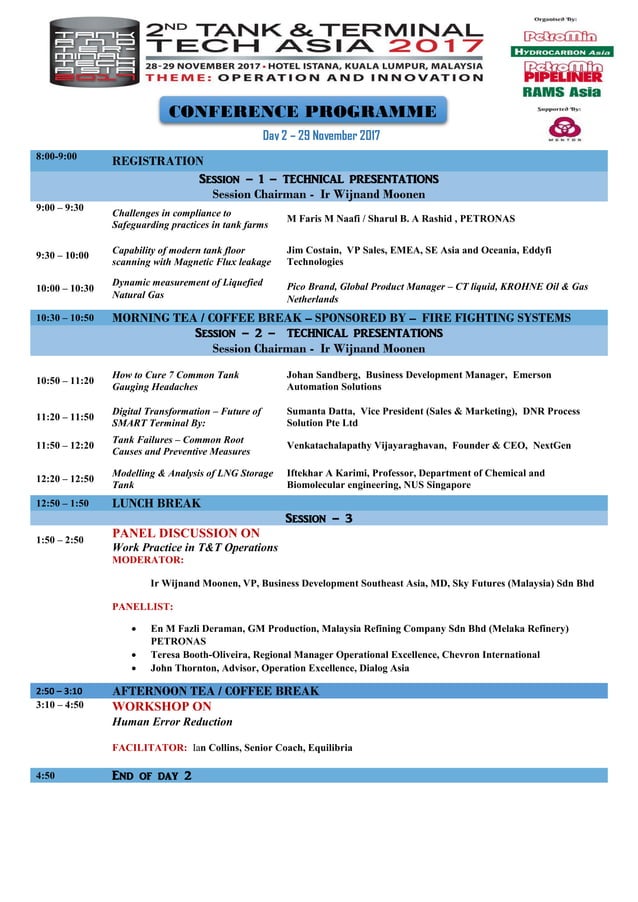 2nd Tank & Terminal Tech Asia 2017 conference programme | PDF | Business | Business and Finance