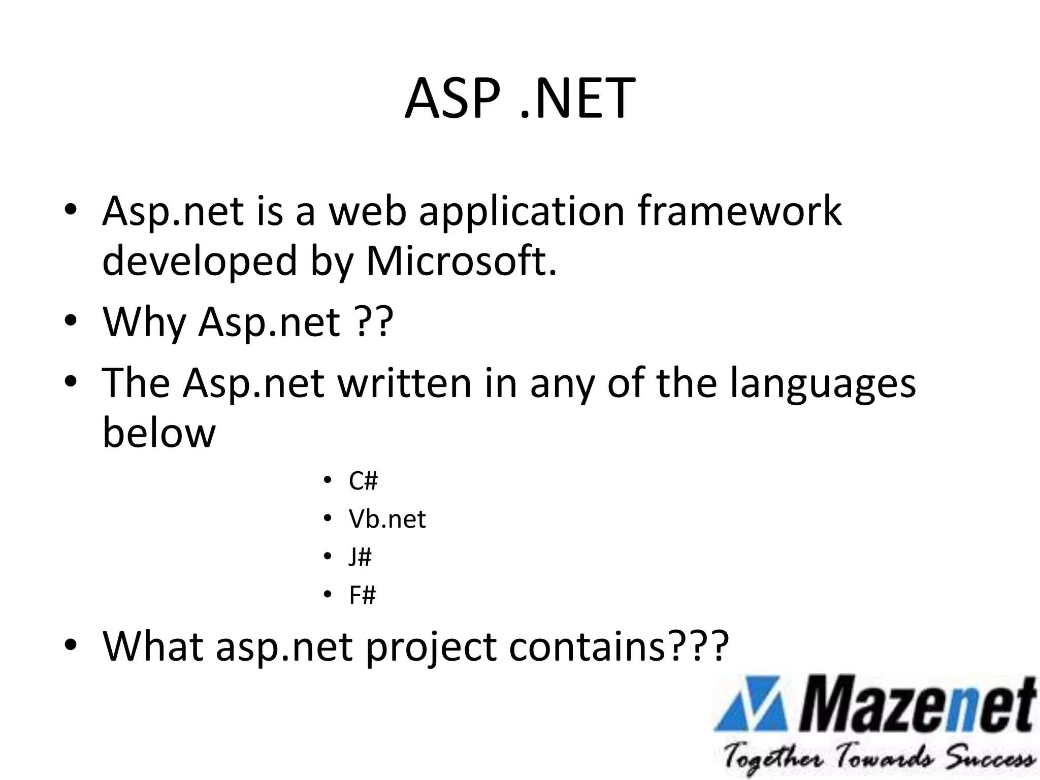 Dotnet- An overview of ASP.NET & ADO.NET- Mazenet solution | PPTX