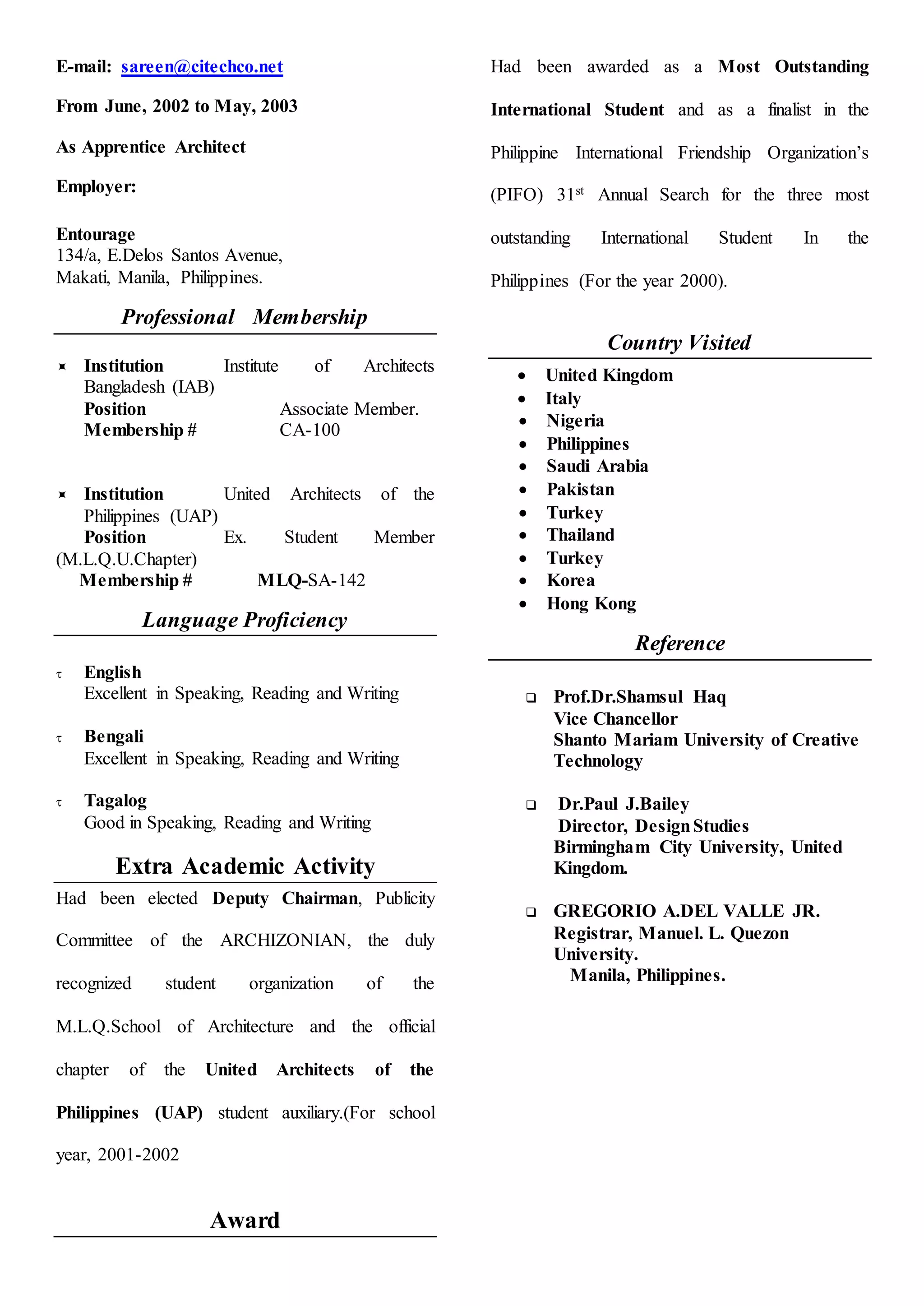 2 page cv of architect a.f.m.mohiuddin akhand | DOCX