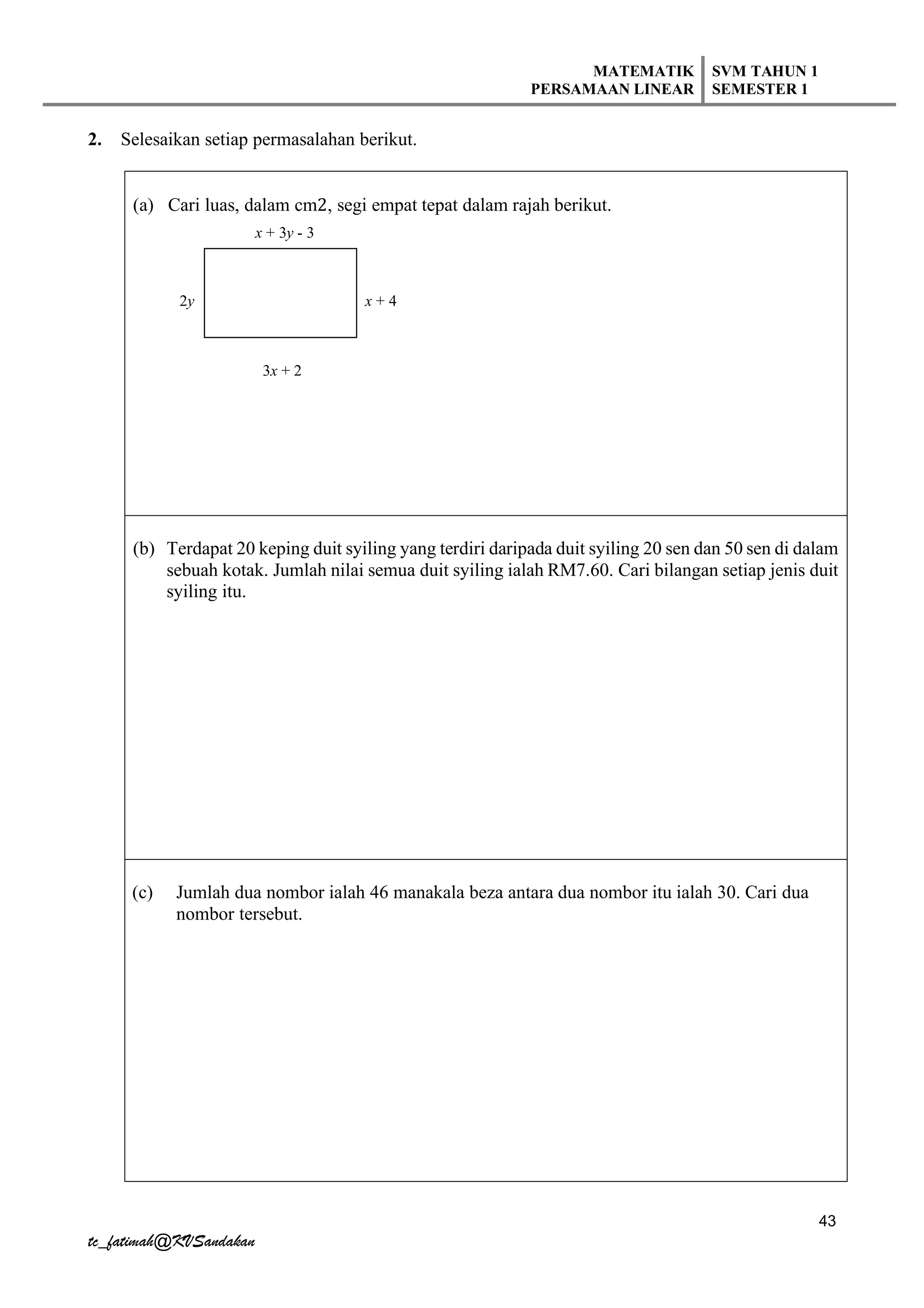 MODUL 2 : PERSAMAAN LINEAR (JAWAPAN) A0310 | PDF