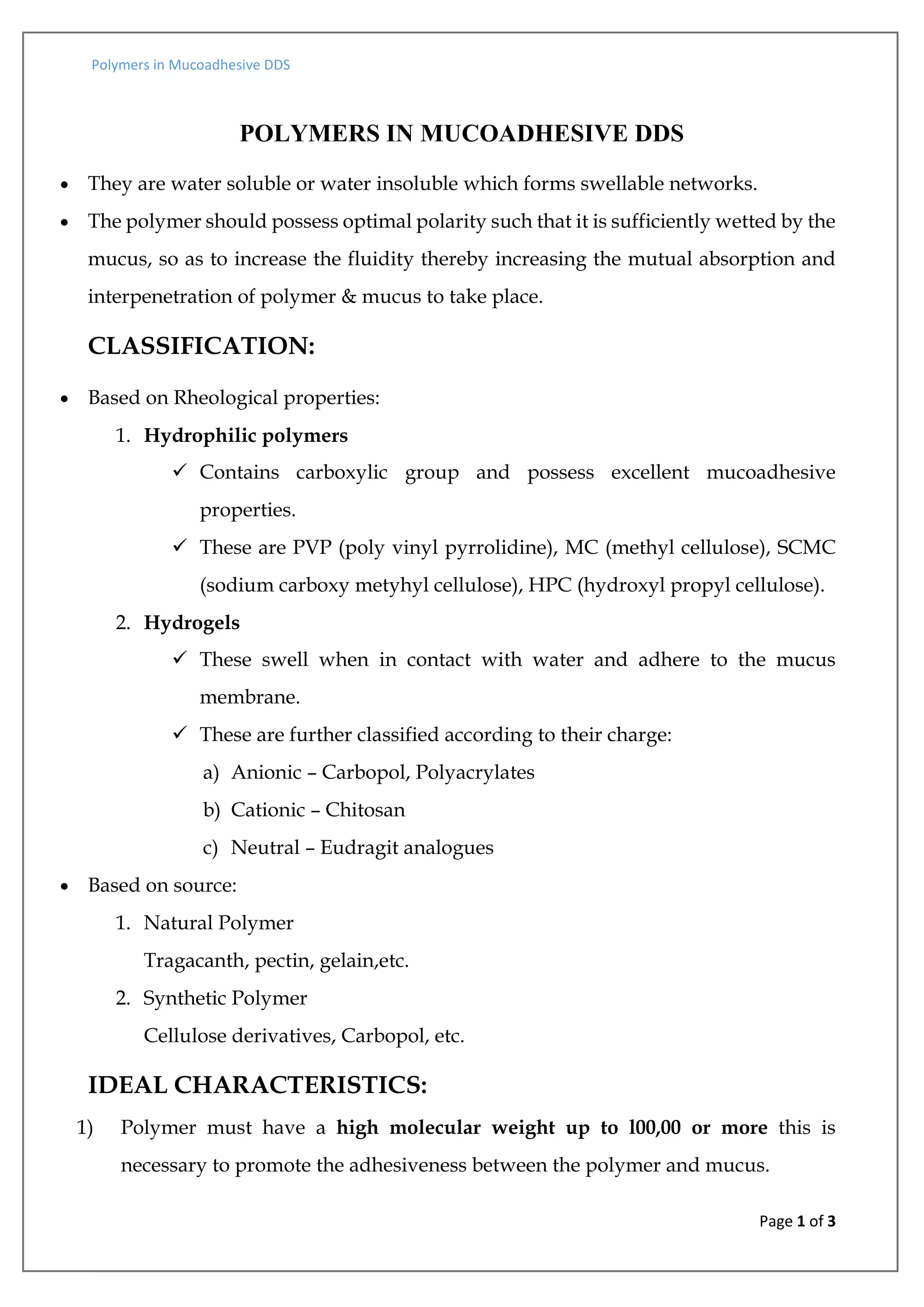 Polymers - Mucoadhesive Drug Delivery | PDF