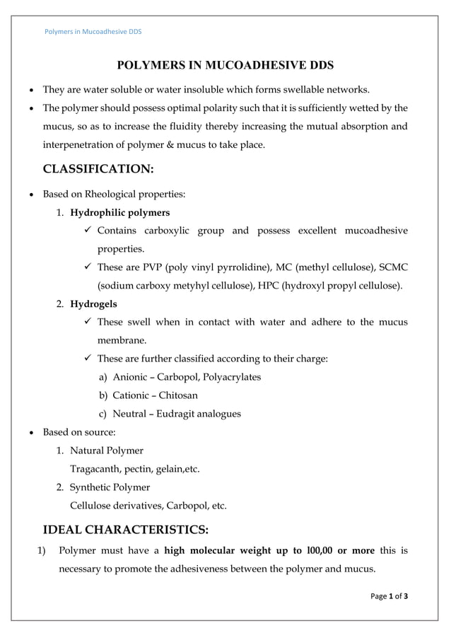 Polymers - Mucoadhesive Drug Delivery | PDF | Chemistry | Science