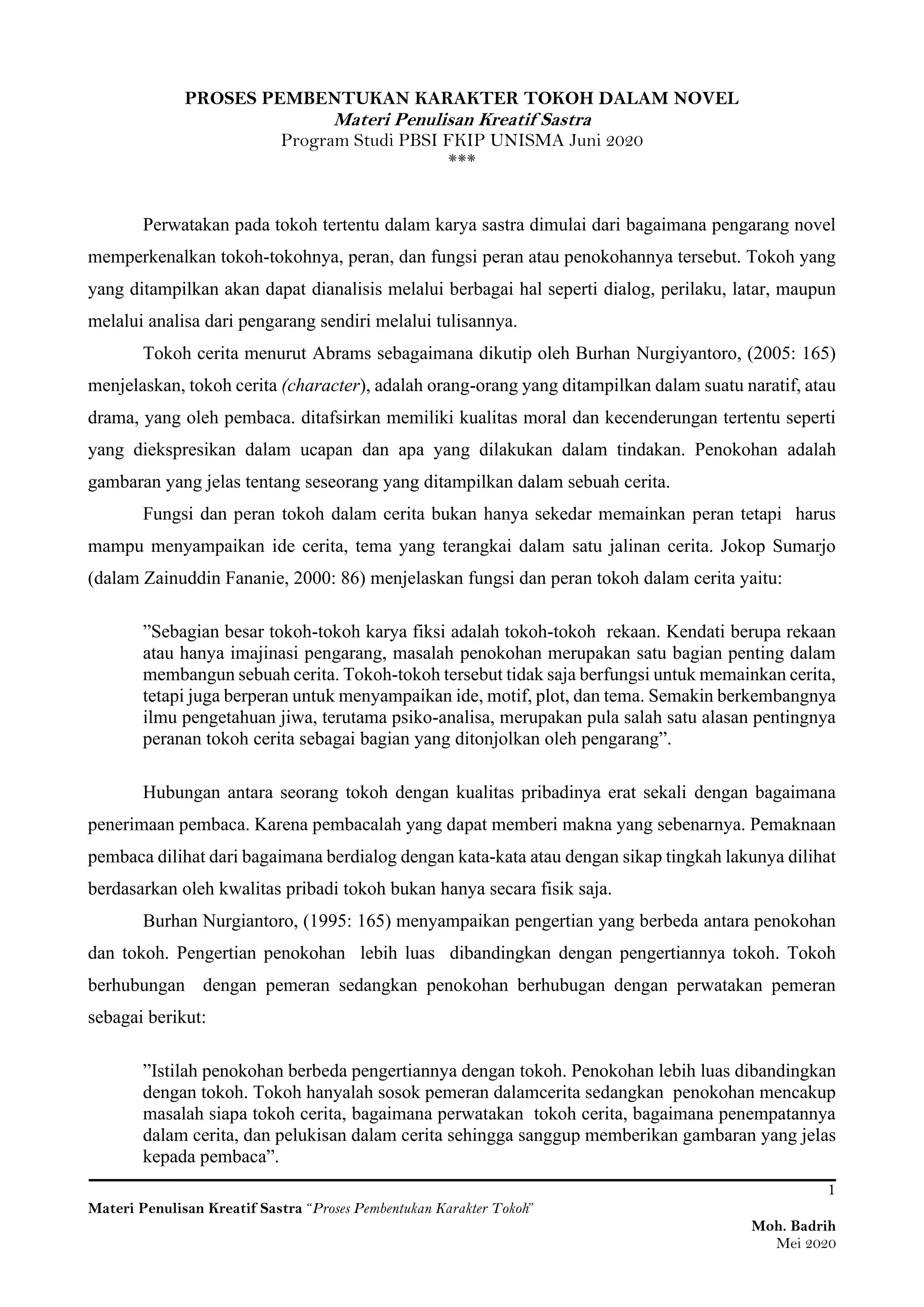 2 proses pembentukan karakter tokoh dalam novel | PDF