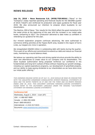 2Q18 - News Release | PDF