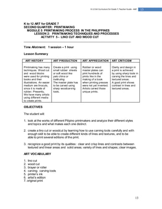2 quarter art for gr 7-printmaking 2nd qtr (6 plans) | PDF