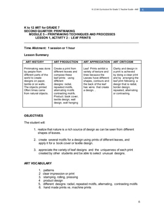 2 quarter art for gr 7-printmaking 2nd qtr (6 plans) | PDF