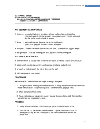 2 quarter art for gr 7-printmaking 2nd qtr (6 plans) | PDF