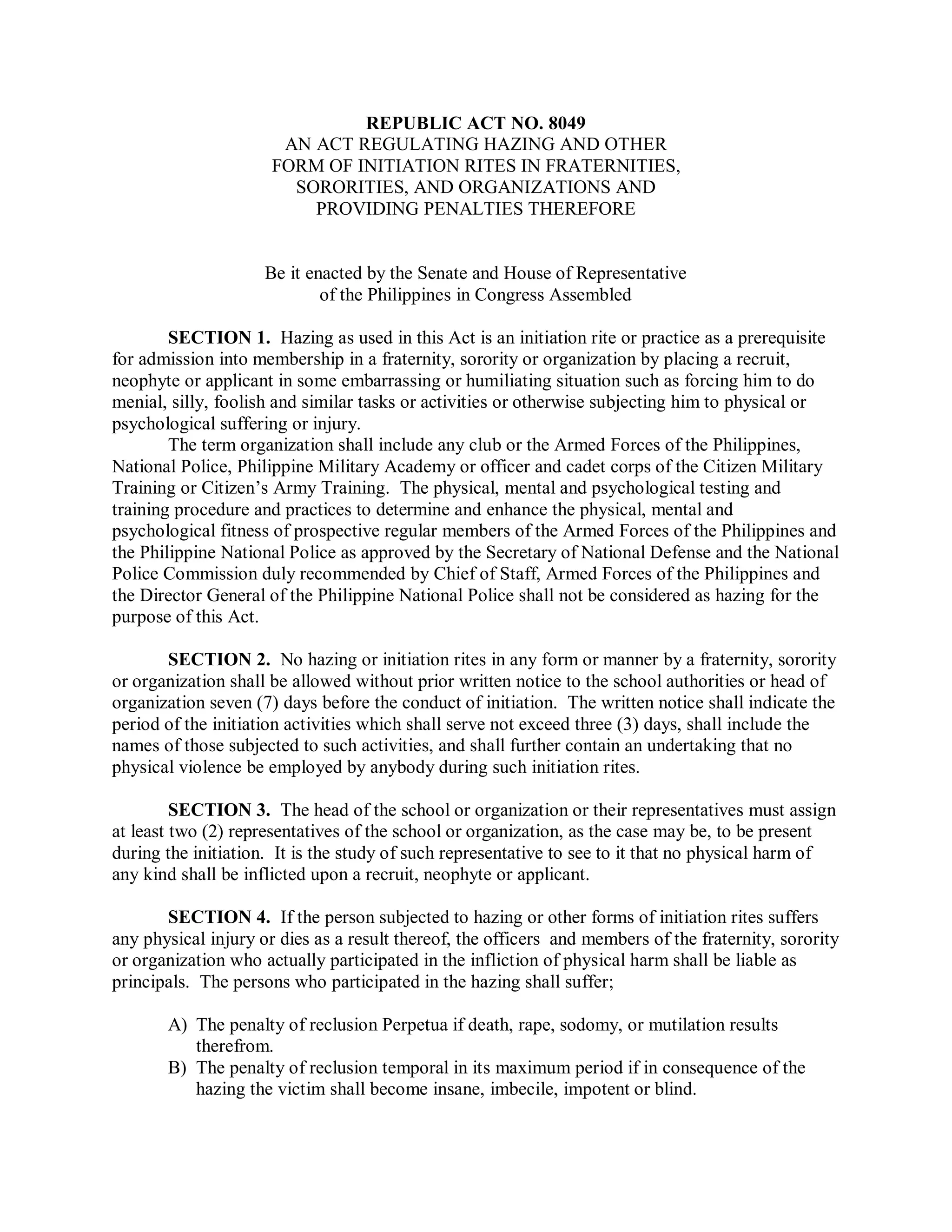 RA 8049 Antihazing Law | PDF