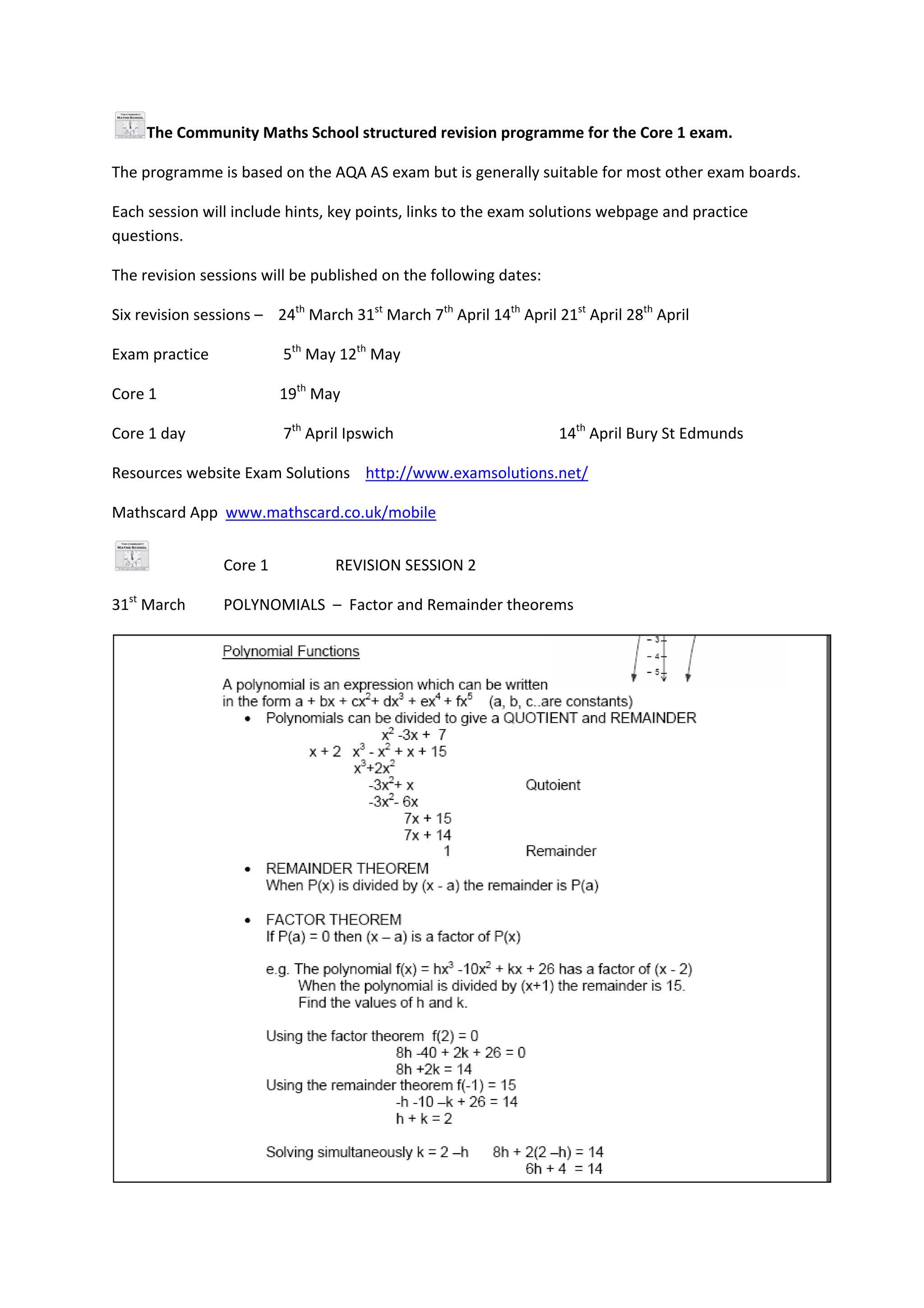 2 revision session for core 1 polynomials , factor and remainder theorem | PDF