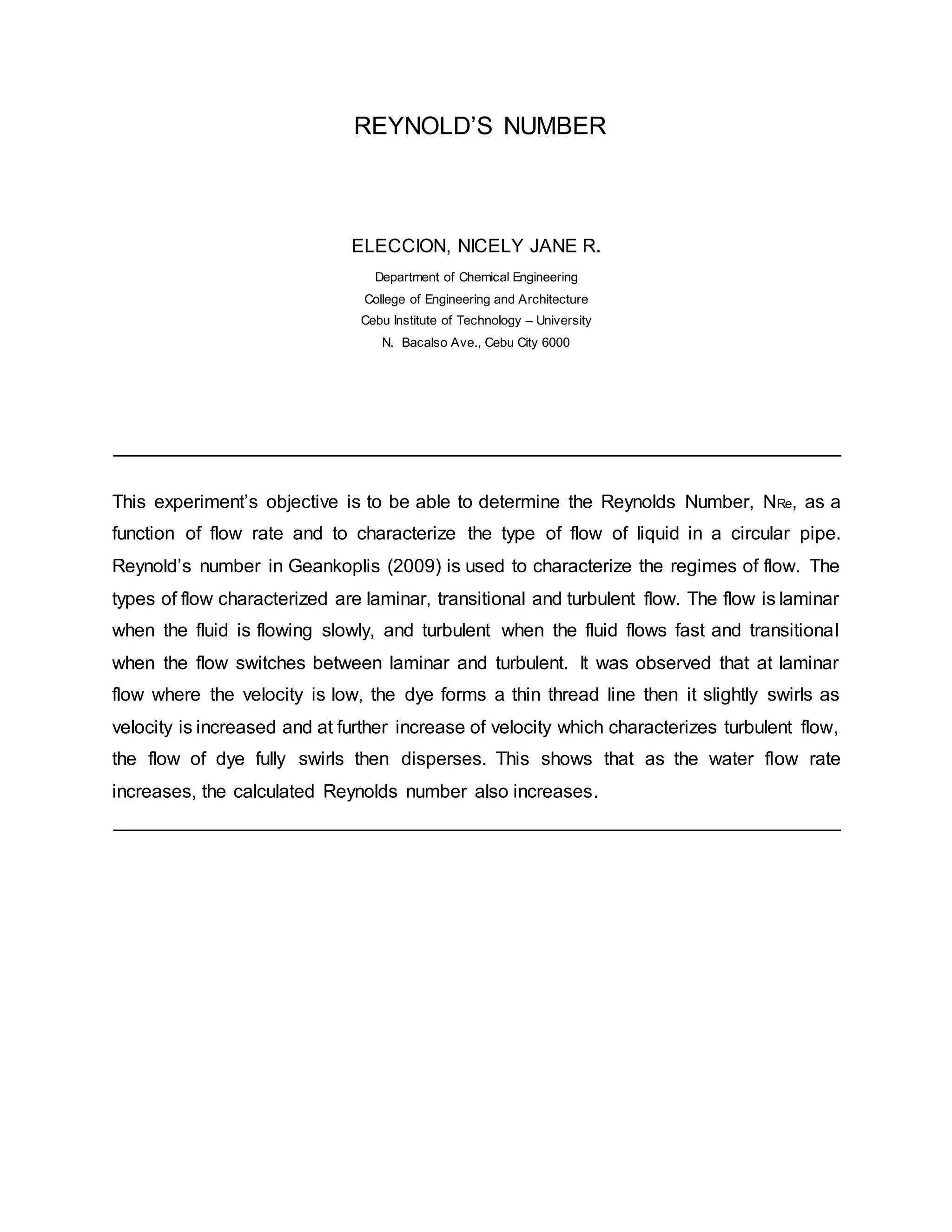 Reynolds Number Final Report in LAB 1 | DOCX