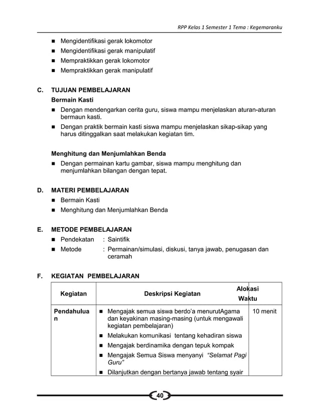 [2] rpp sd kelas 1 semester 1 kegemaranku | DOC