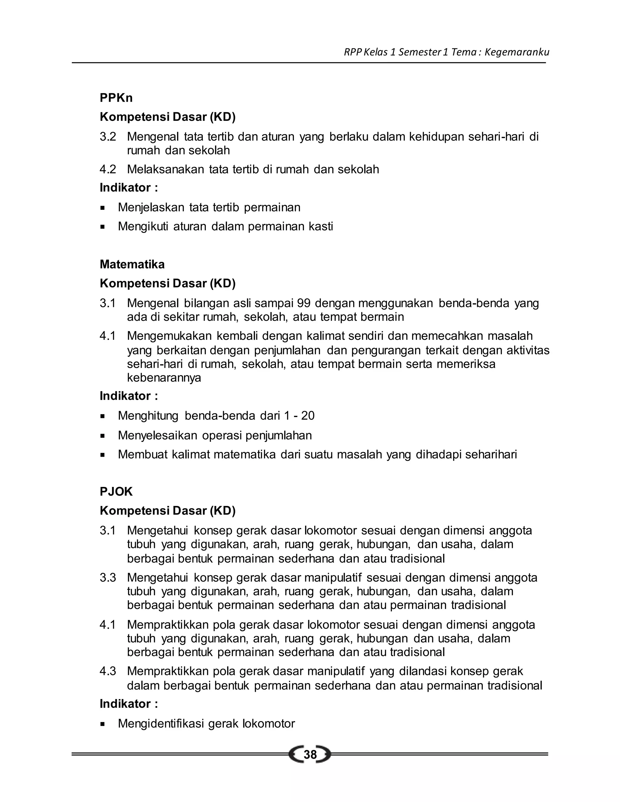 [2] rpp sd kelas 1 semester 1 kegemaranku | PDF