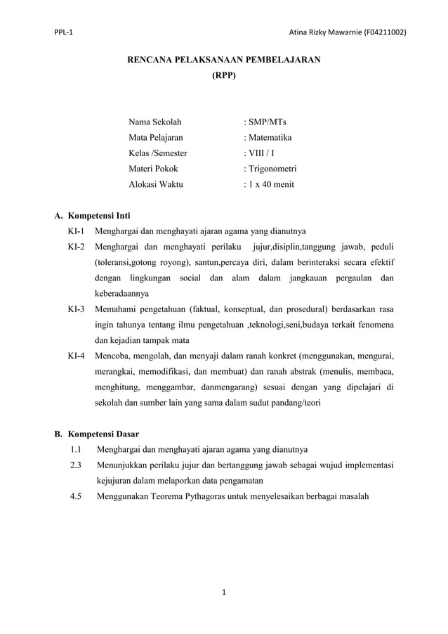 RPP Kelas 8 SMP Materi Trigonometri Dalam Kehidupan Sehari-hari (Kurikulum 2013, Cooperative ...