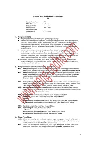 RPP Bahasa Jawa Kelas x Materi cerkak | PDF