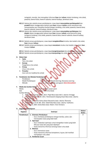 RPP Bahasa Jawa Kelas x Materi cerkak | PDF