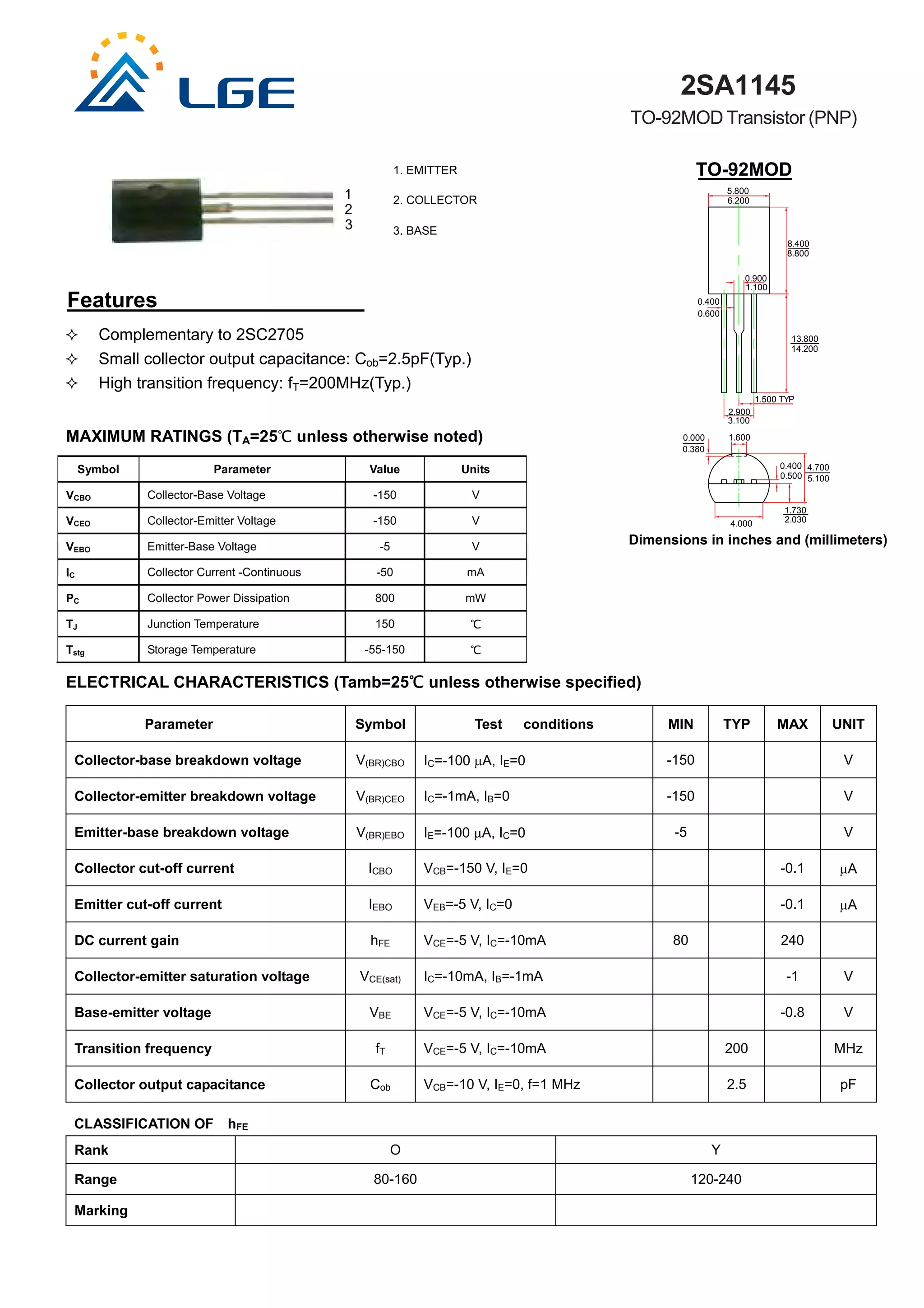 Original Transistor PNP 2SA1145 A1145 TO 92 New TOSHIBA | PDF