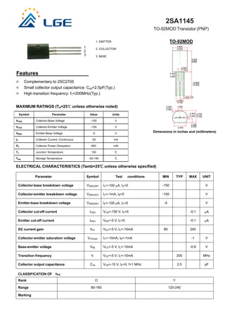 Original Transistor PNP 2SA1145 A1145 TO 92 New TOSHIBA | PDF