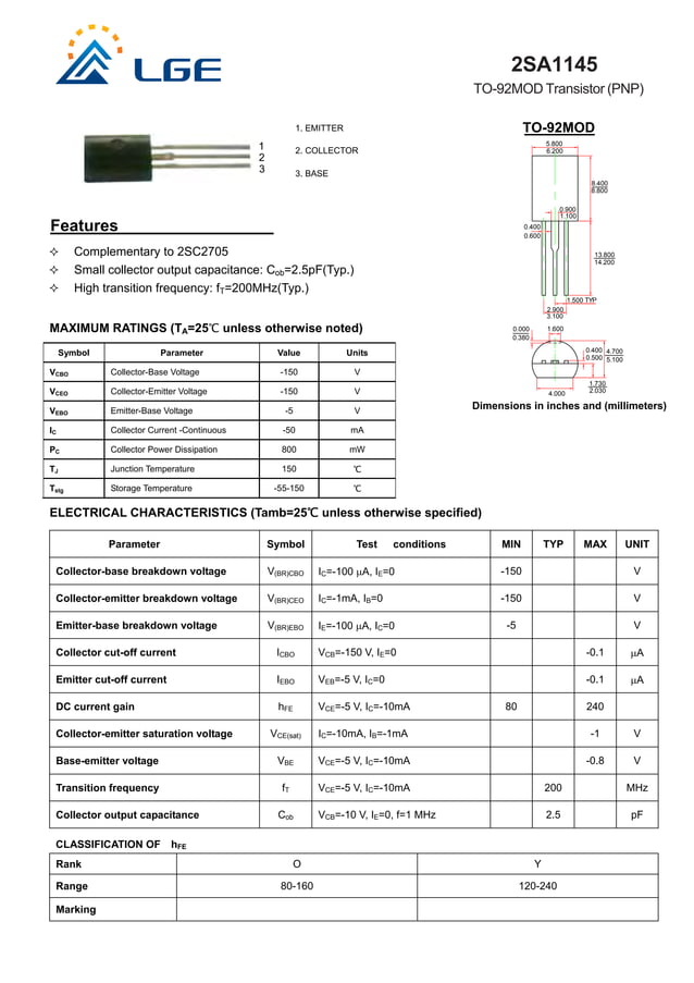 Original Transistor PNP 2SA1145 A1145 TO 92 New TOSHIBA | PDF