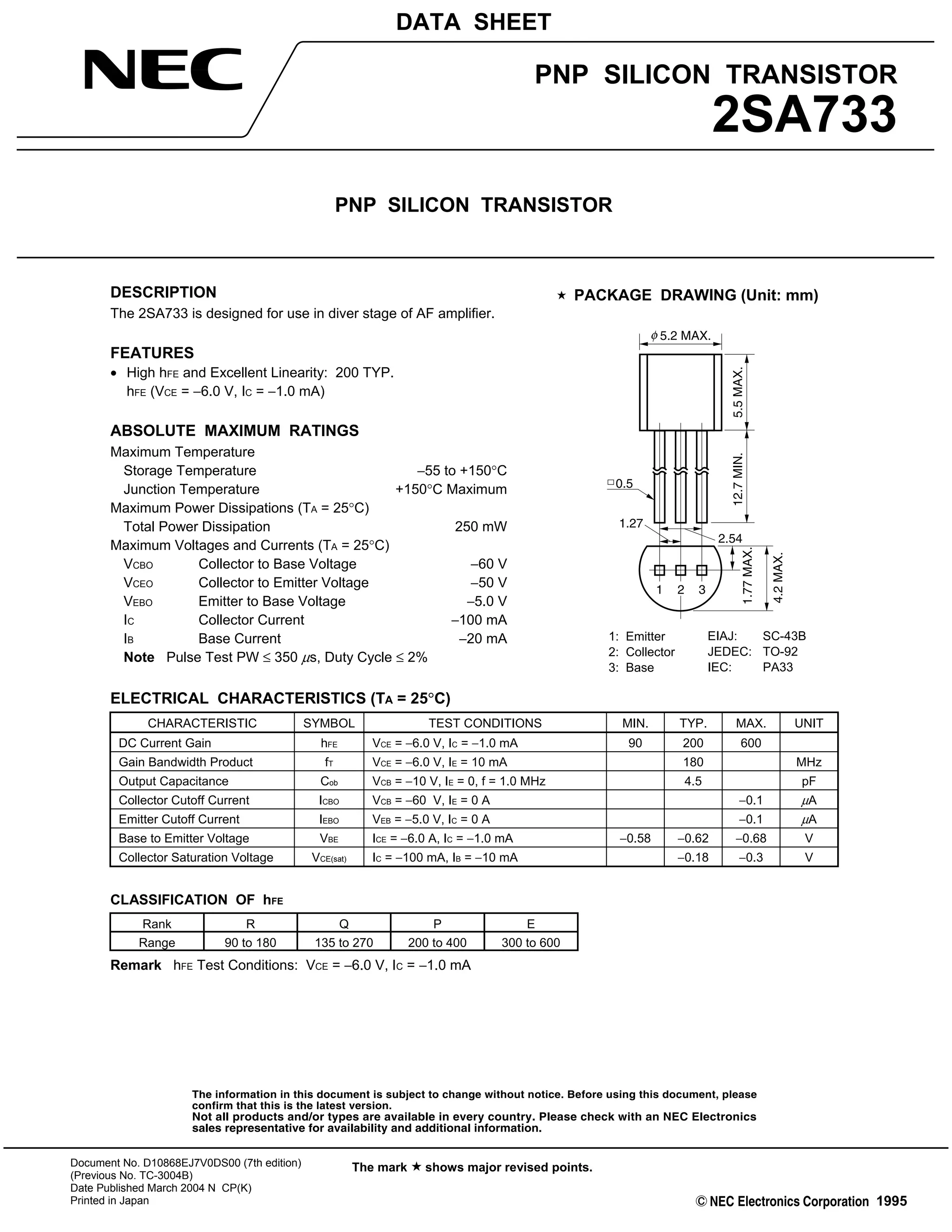 Original transistor PNP A733 KTA733 2SA733 TO-92 New | PDF