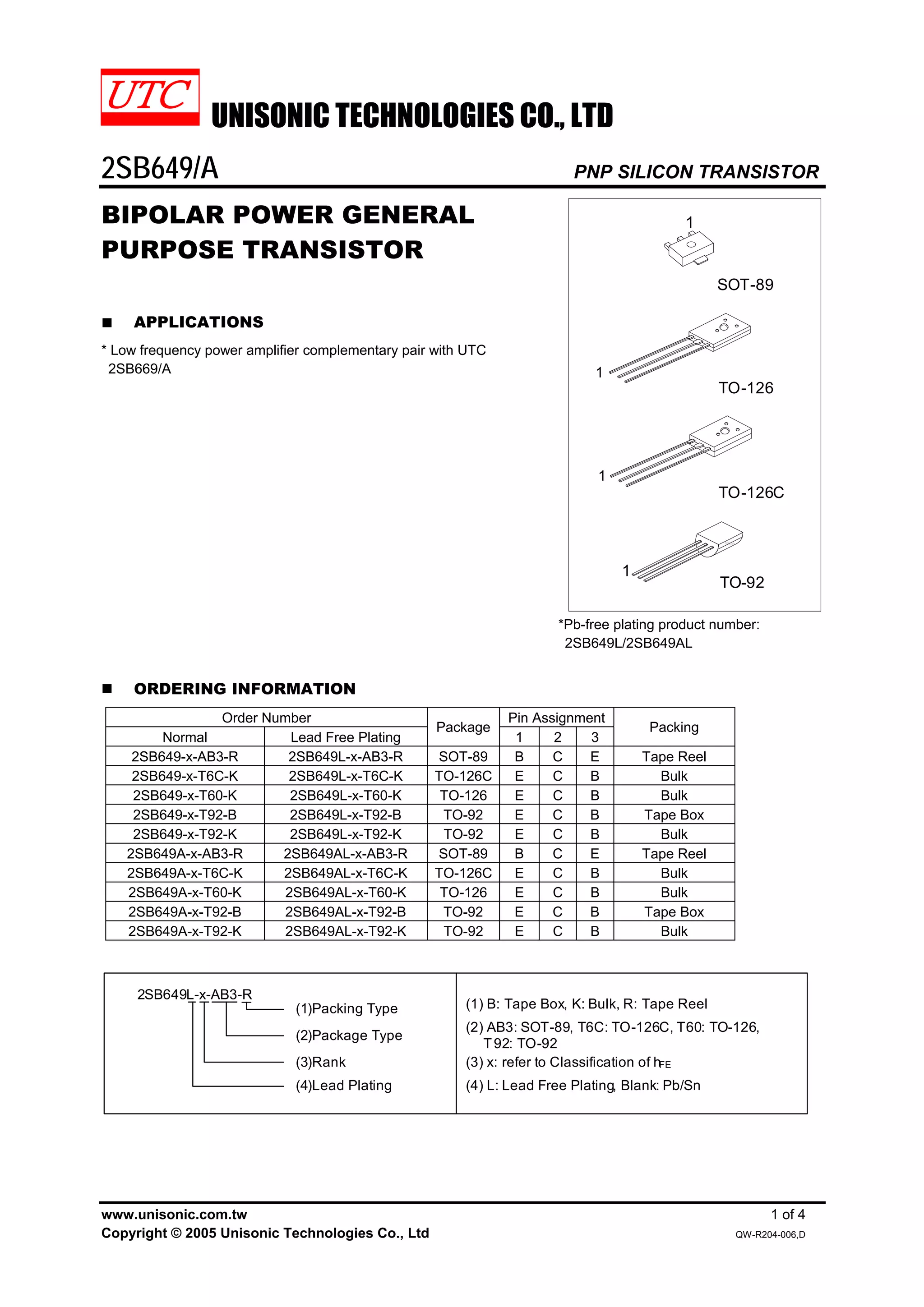 Origimal Transistor PNP 2SB649AC B649AC B649 TO-126 120V 1.5A New ...