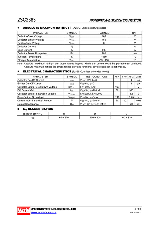 Original Transistor NPN C2383 2SC2383 1A 160V TO-92L New | PDF
