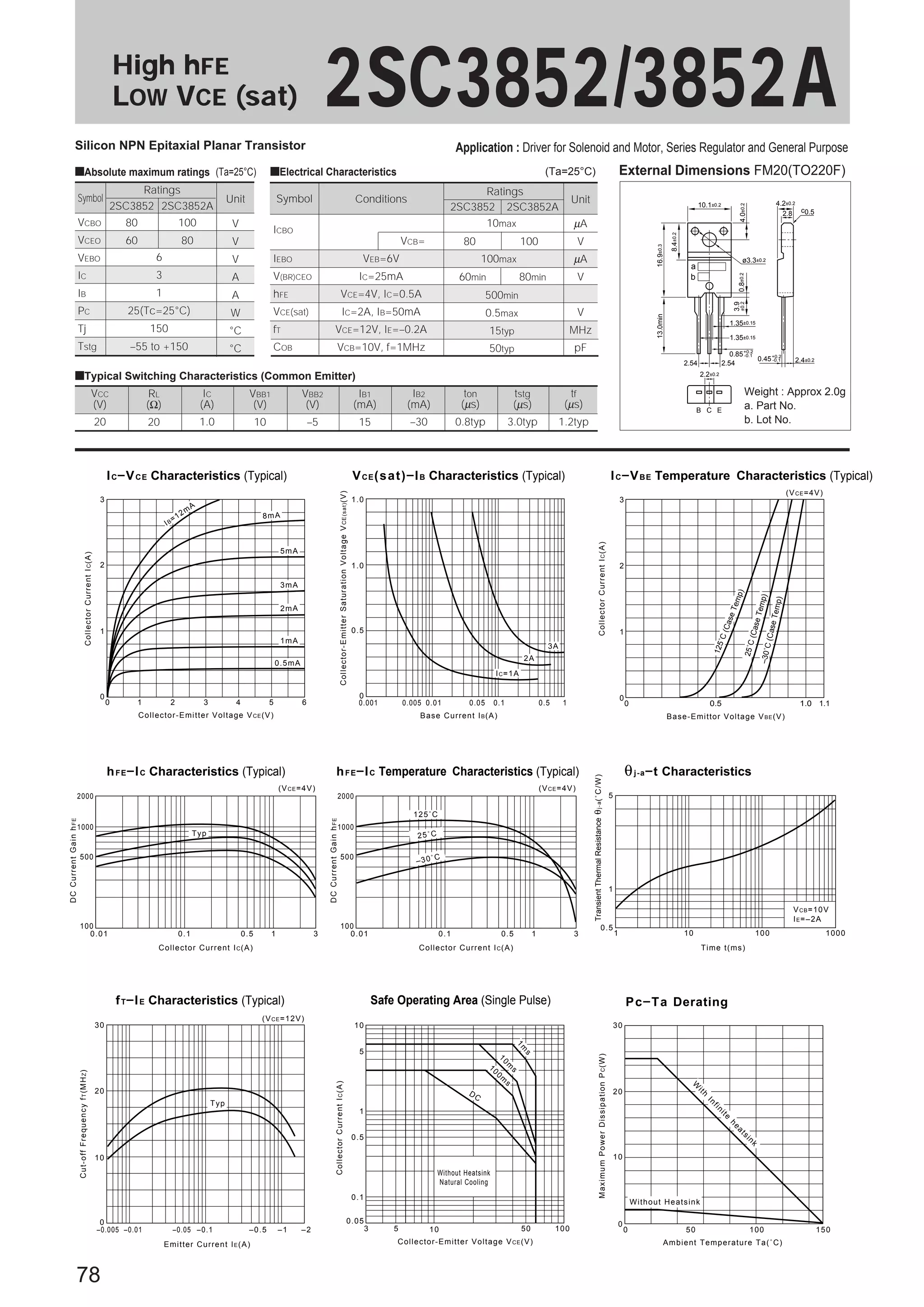 Original NPN Transistor 2SC3852A C3852A 3852 TO-220F New Sanken | PDF