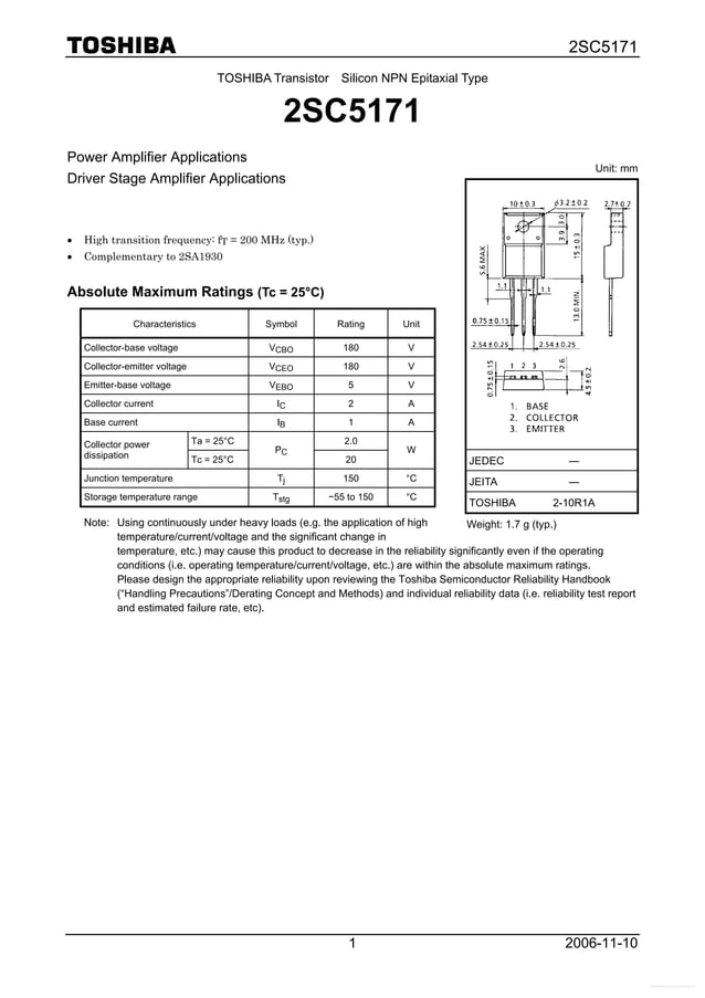 Original NPN 2SC5171 C5171 TO-220F New Toshiba | PDF