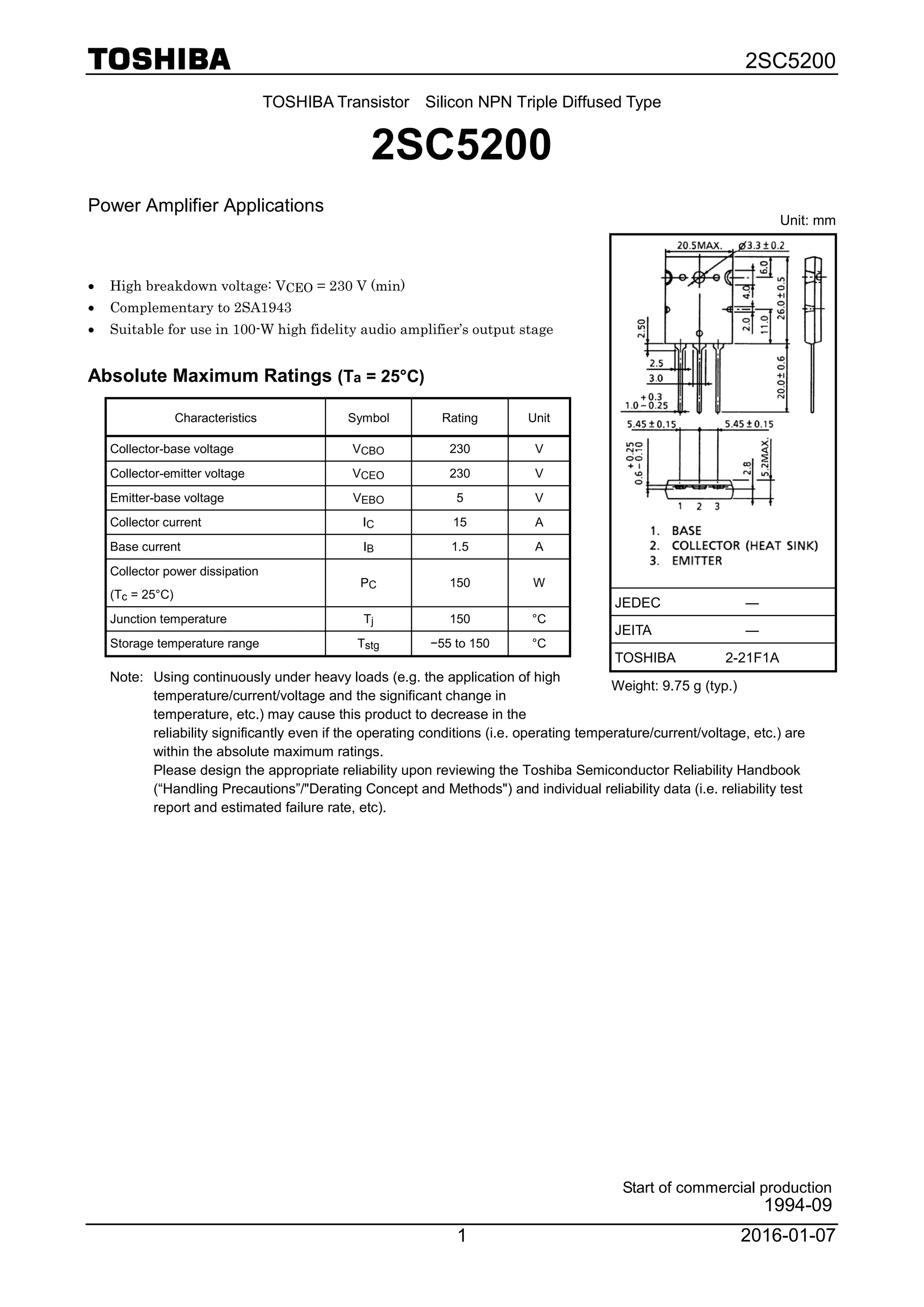 Original NPN Transistor 2SC5200 C5200 TO-3P New Toshiba | PDF