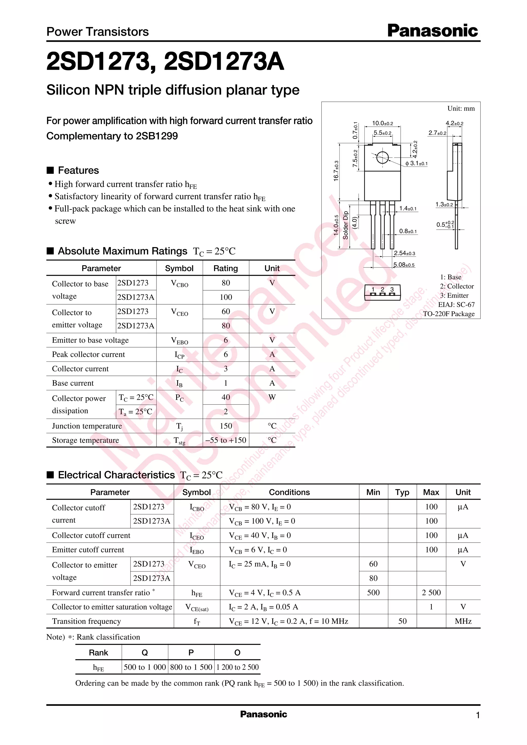 Original NPN Transistor 2SD1273 D1273 TO-220F New Panasonic | PDF
