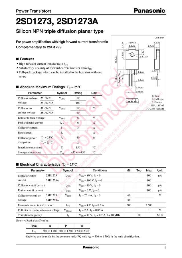 Original NPN Transistor 2SD1273 D1273 TO-220F New Panasonic | PDF