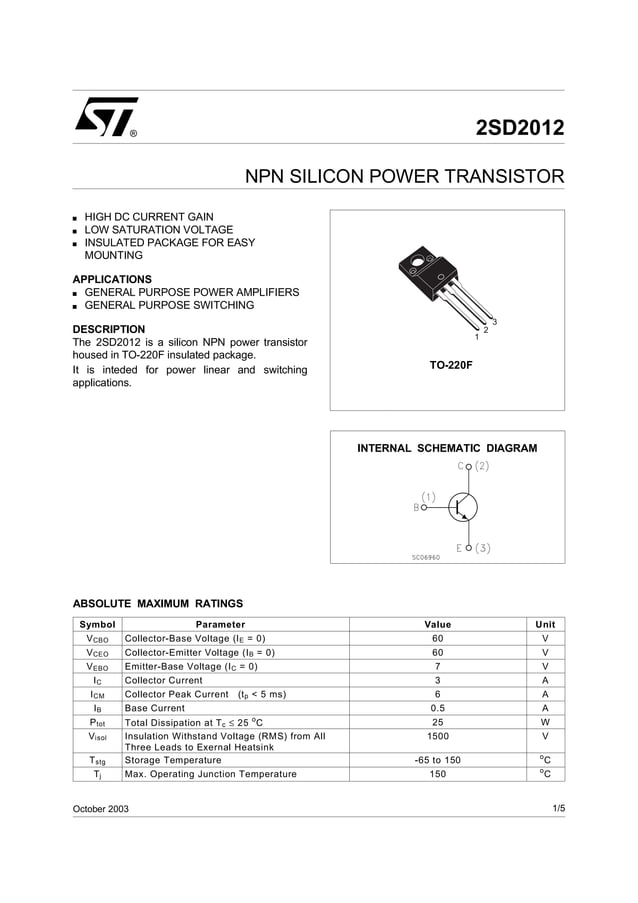 Original Si NPN TRANSISTOR 2SD2012 D2012 2012 60V 6A TO-220F New List of Unclassifed Man | PDF