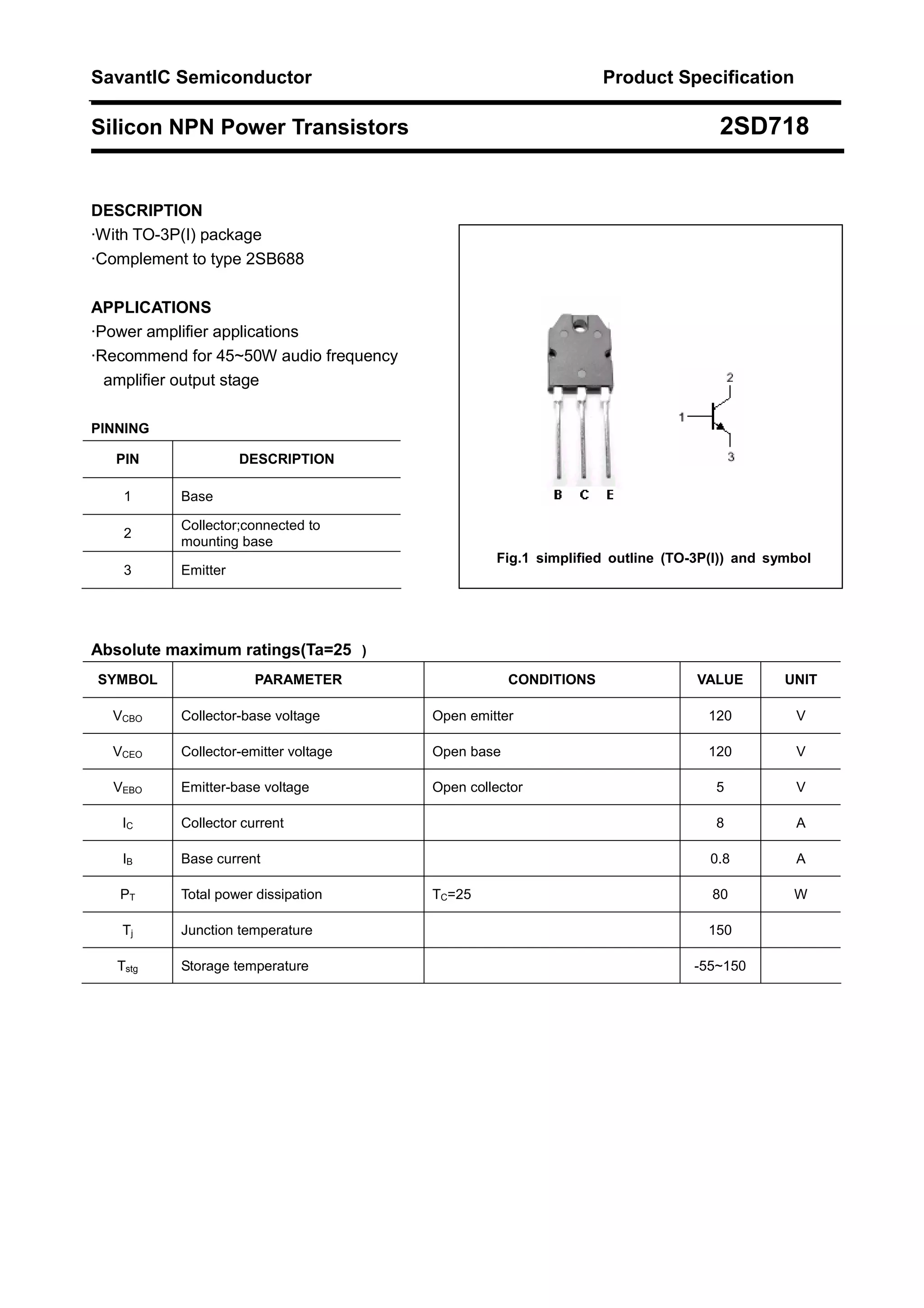 Original NPN Transistor 2SD718 D718 8A 120V TO-3P New KEC | PDF