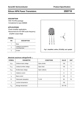 Original NPN Transistor 2SD718 D718 8A 120V TO-3P New KEC | PDF