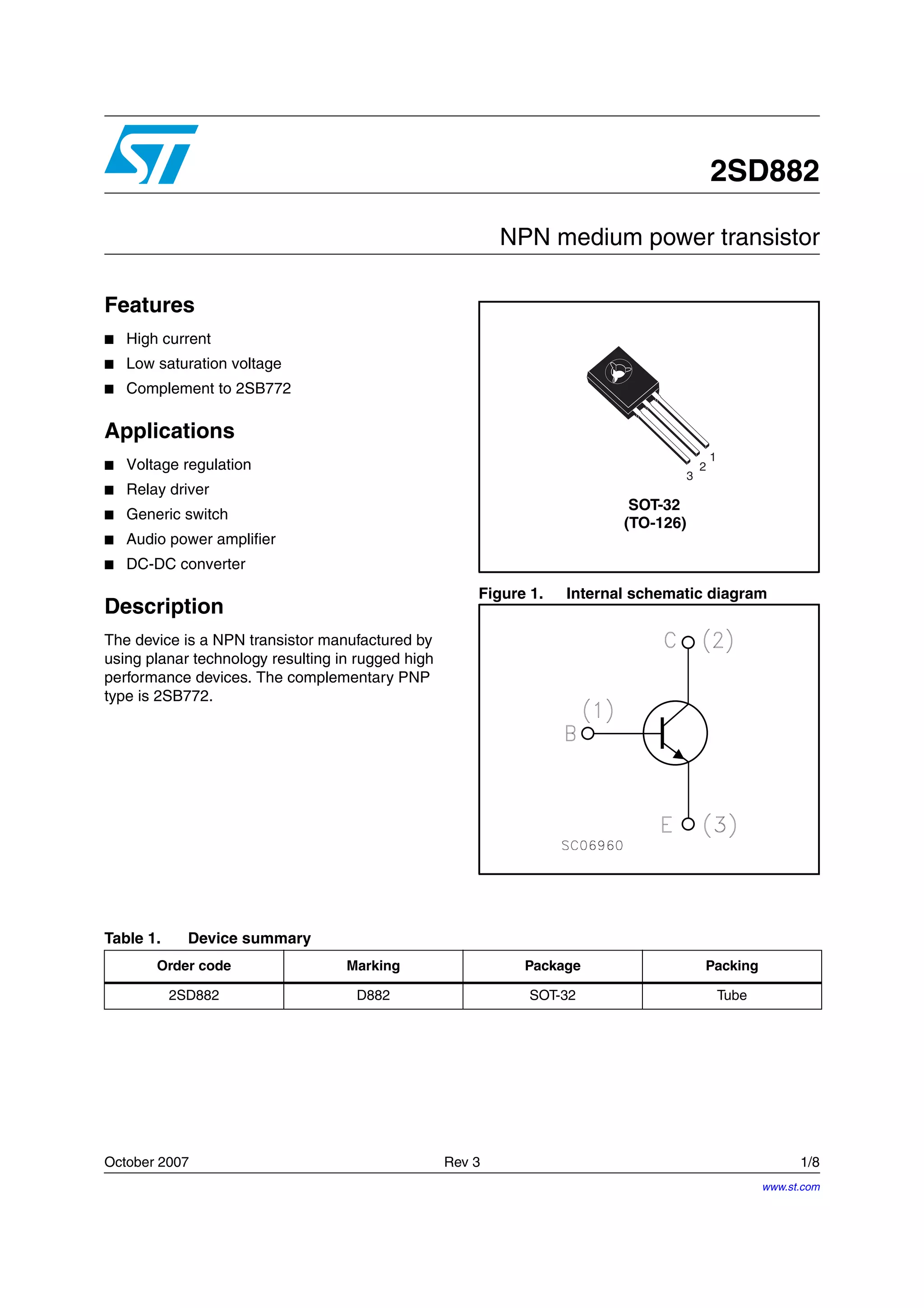 Original Transistor NPN D882 2SD882 3A 40V TO-126 New | PDF