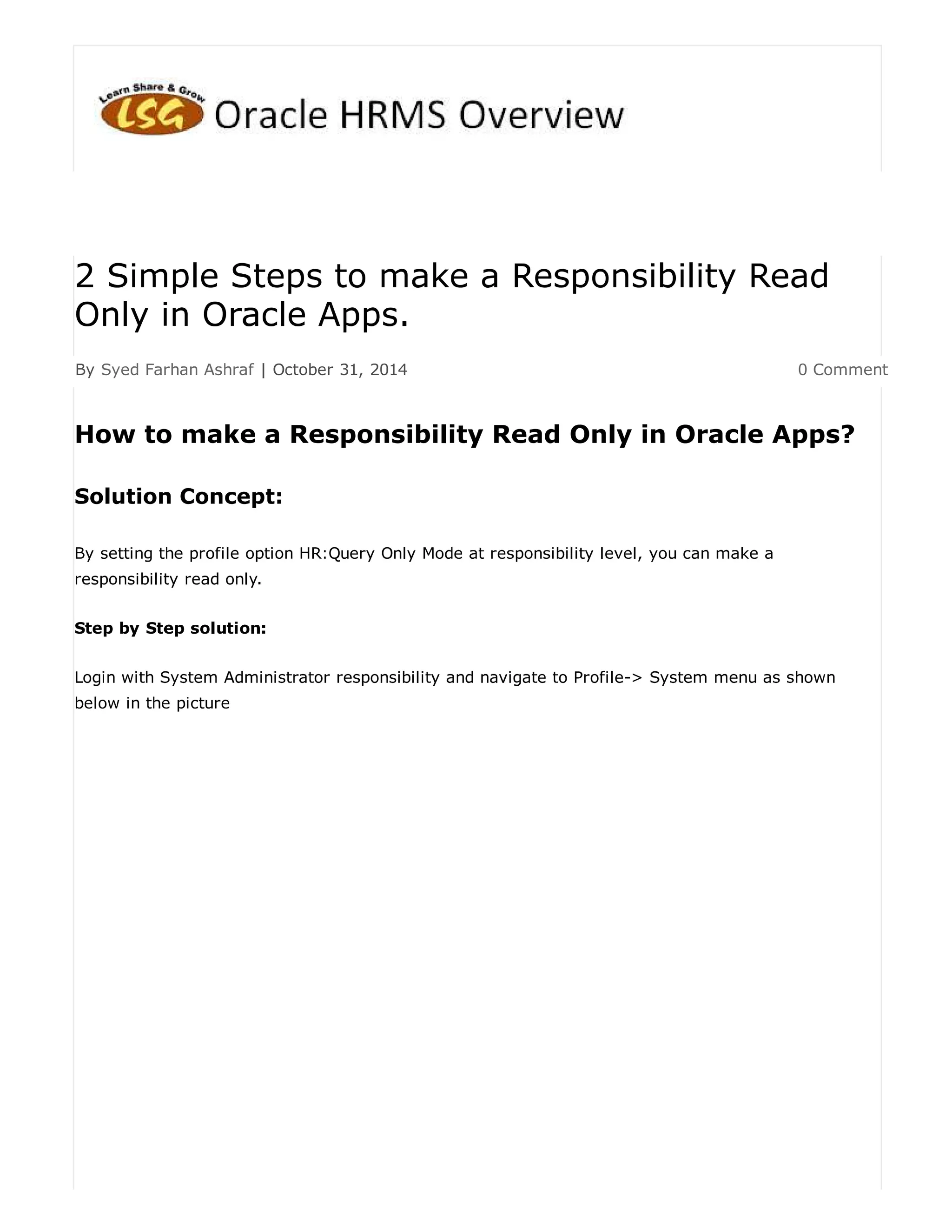 simple steps to make a responsibility read only in oracle apps. | PDF