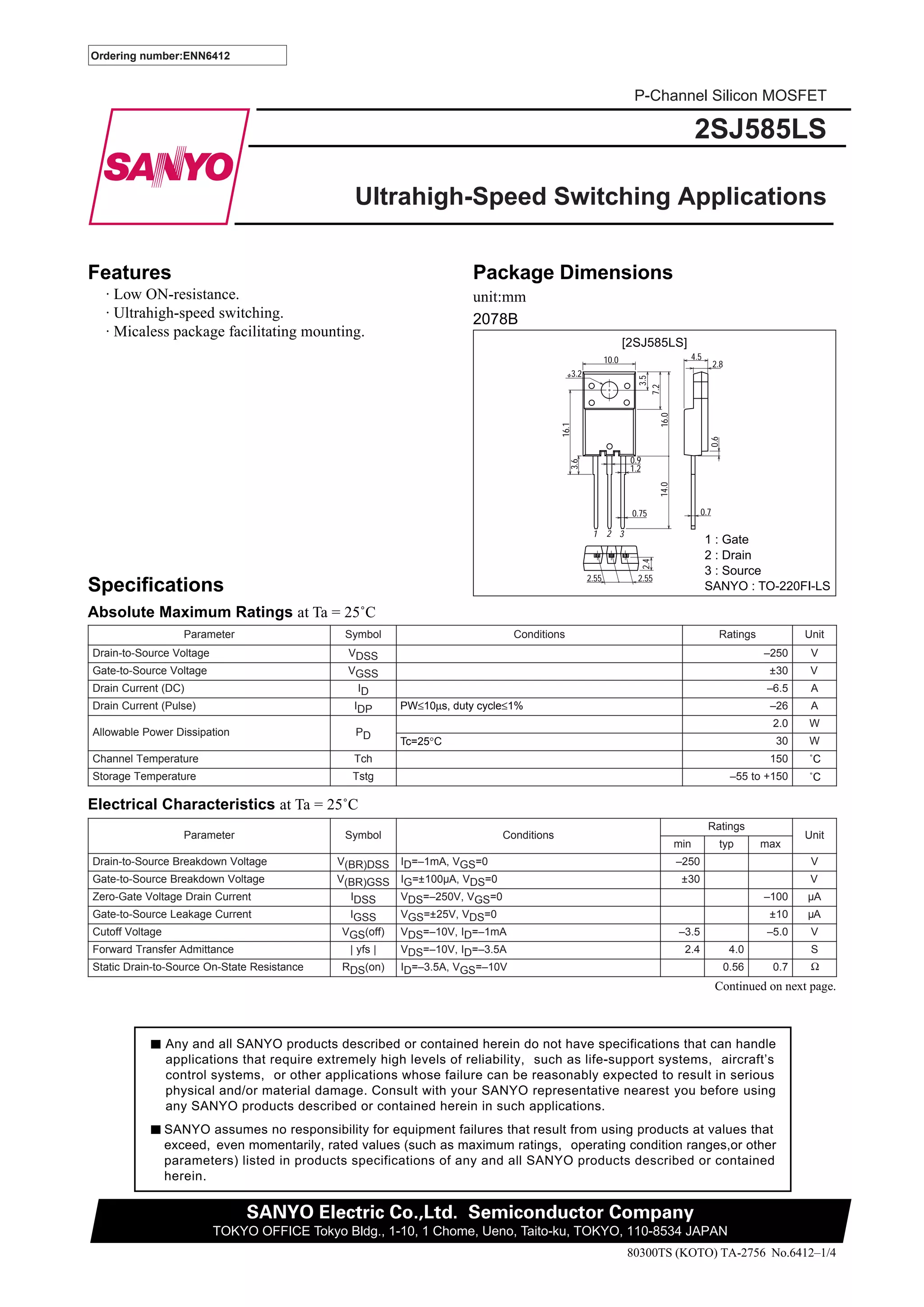Original P-CHANNEL Mosfet 2SJ585LS 2SJ585 J585 6.5A 250V New Sanyo | PDF