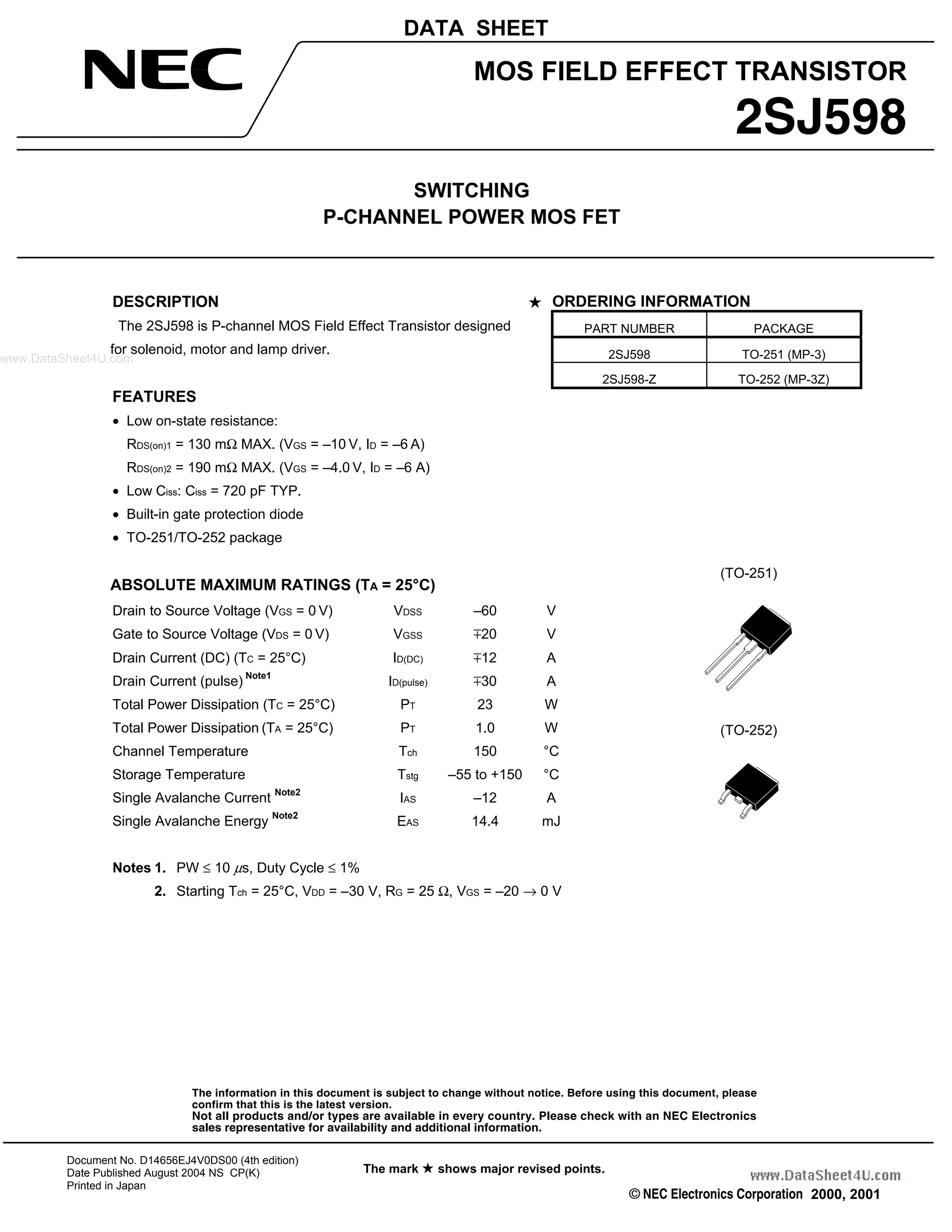 Original P-Channel Mosfet 2SJ598 598 12V 60A TO-252 New NEC | PDF