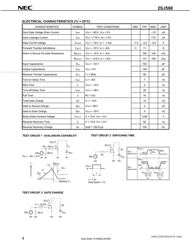 Original P-Channel Mosfet 2SJ598 598 12V 60A TO-252 New NEC | PDF