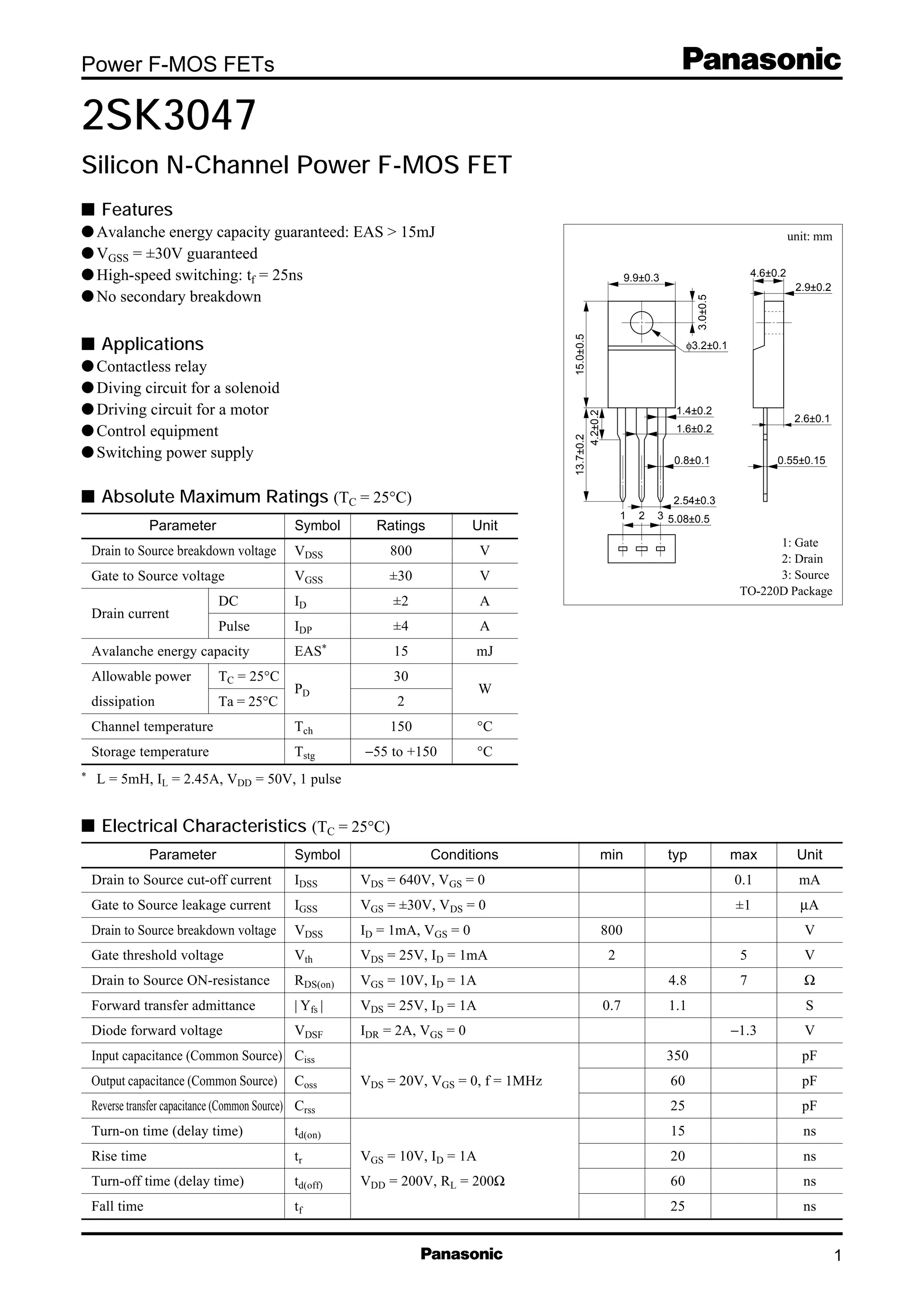 Original N-Channel Mosfet 2SK3047 K3047 3047 2A 800V TO-220F New ...