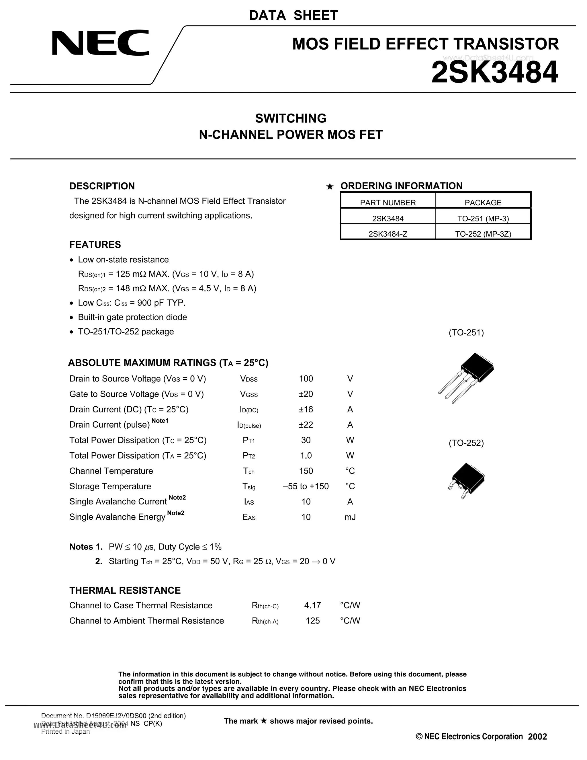 Original N-Channel Mosfet 2SK3484 3484 16A 100V TO-252 New Renesas ...