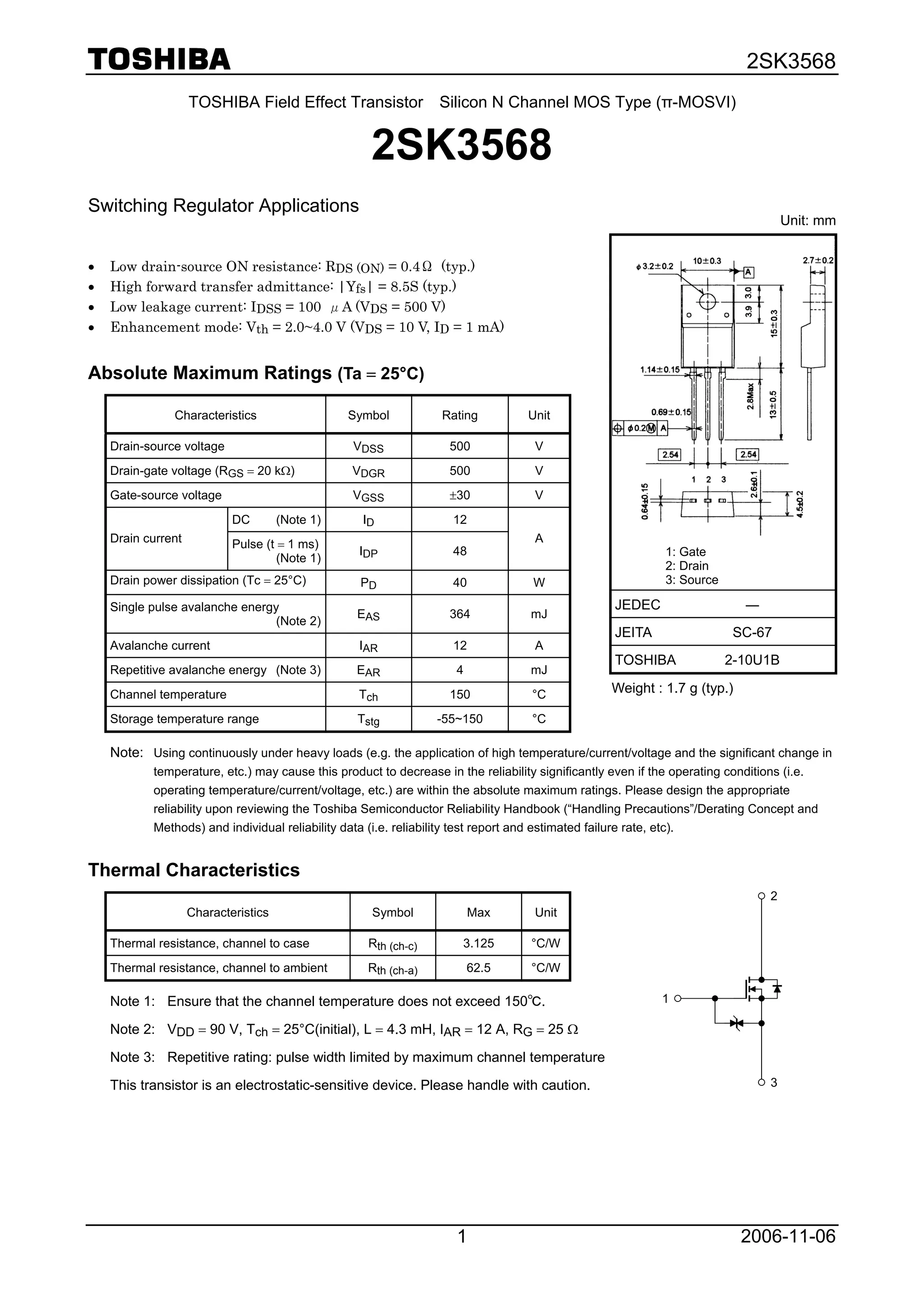 Original N-CHANNEL MOSFET 2SK3568 K3568 12A 500V TO-220F New Toshiba | PDF