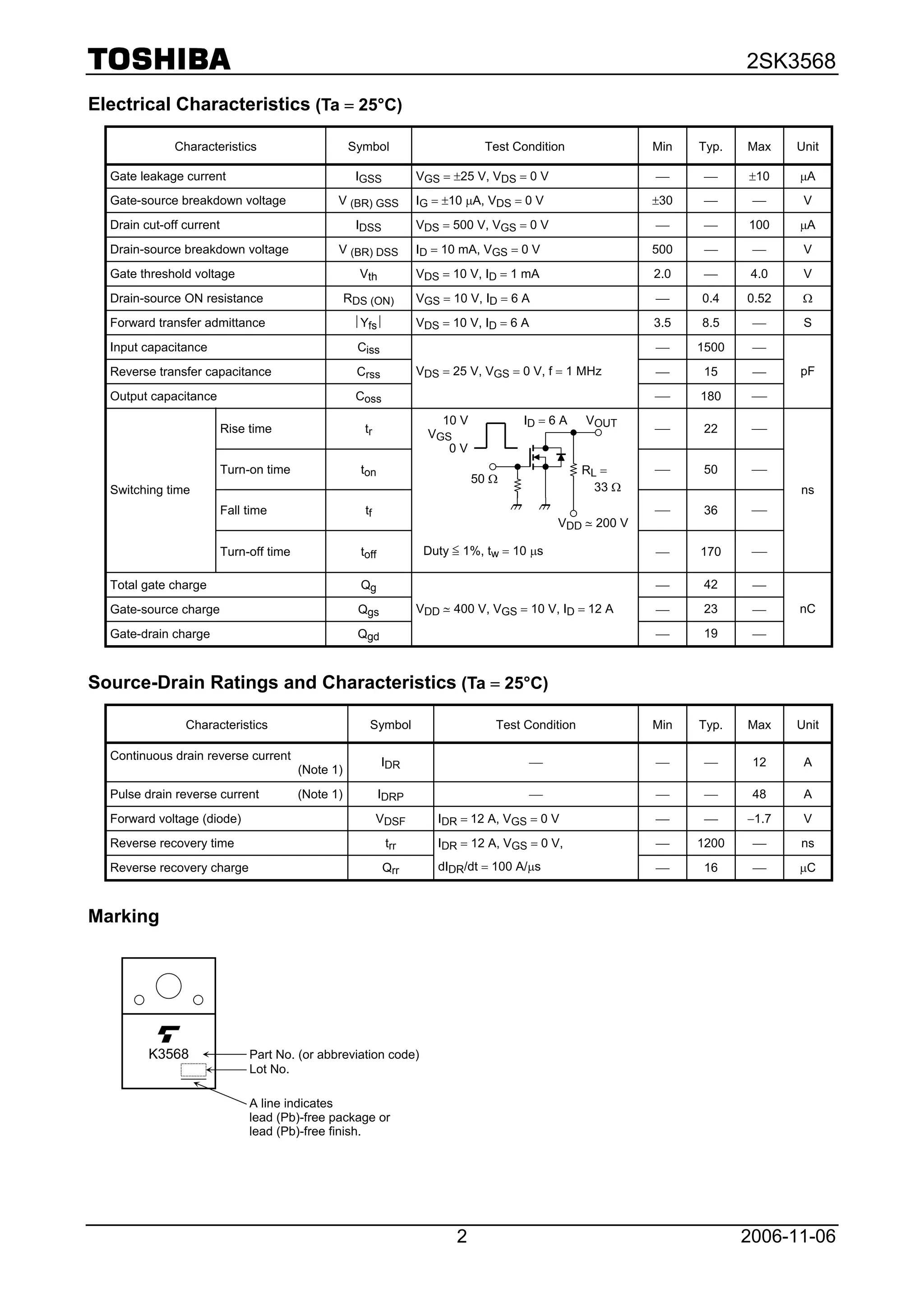 Original N-CHANNEL MOSFET 2SK3568 K3568 12A 500V TO-220F New Toshiba | PDF