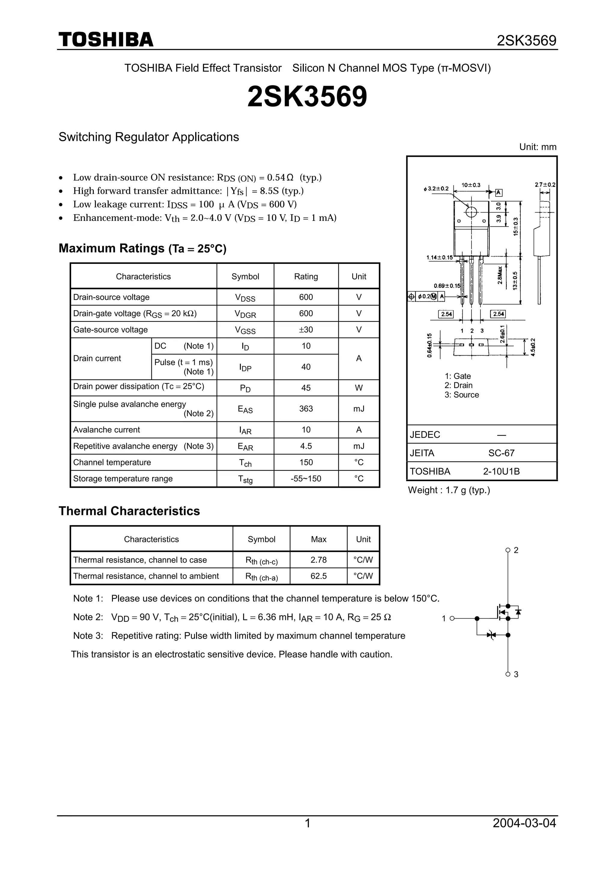 Original Mosfet N-Chanel 2SK3569 K3569 3569 10A 600V TO220 New TOSHIBA ...