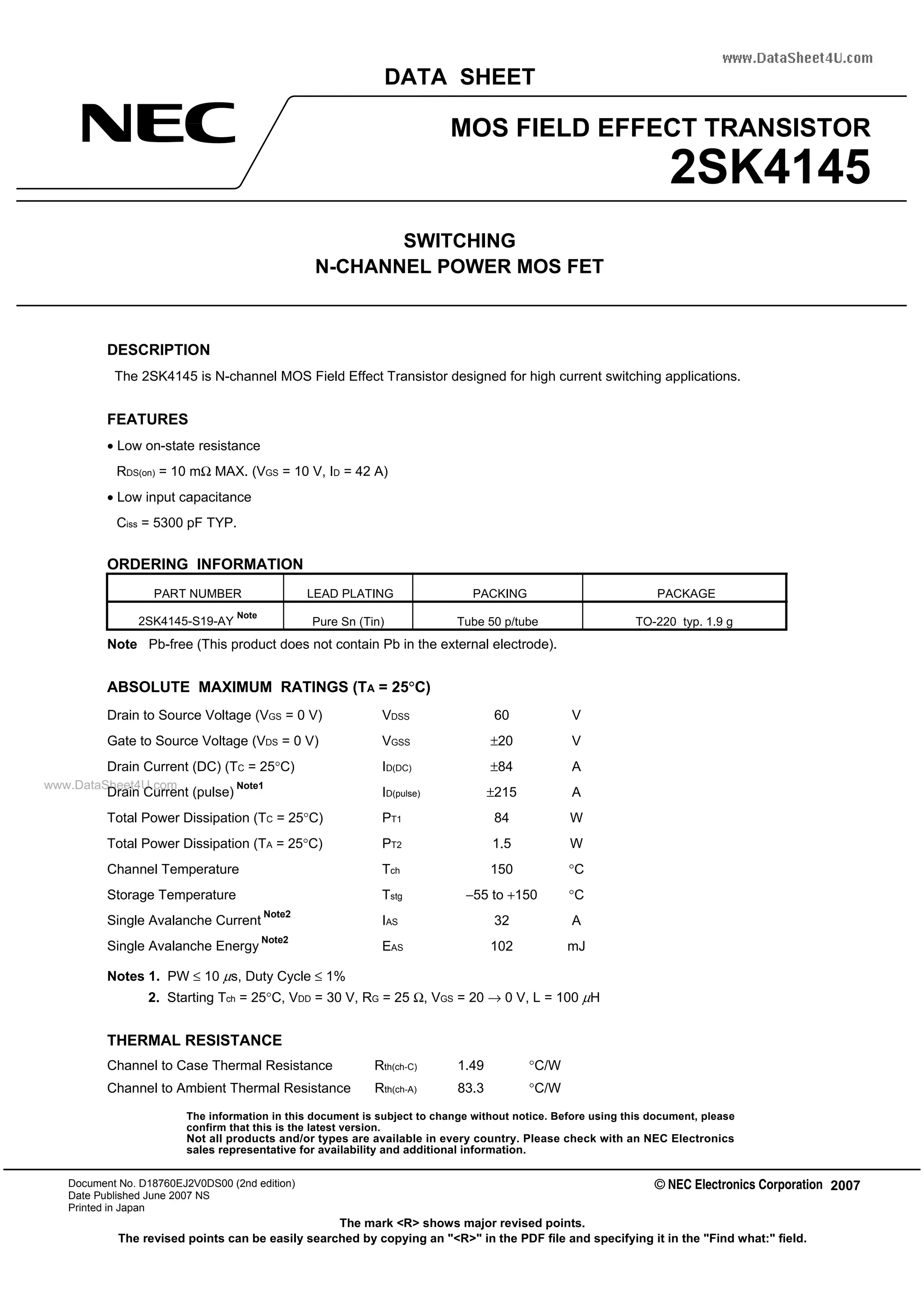 Original Mosfet 2SK4145 4145 60V 84A TO-220 New NEC | PDF