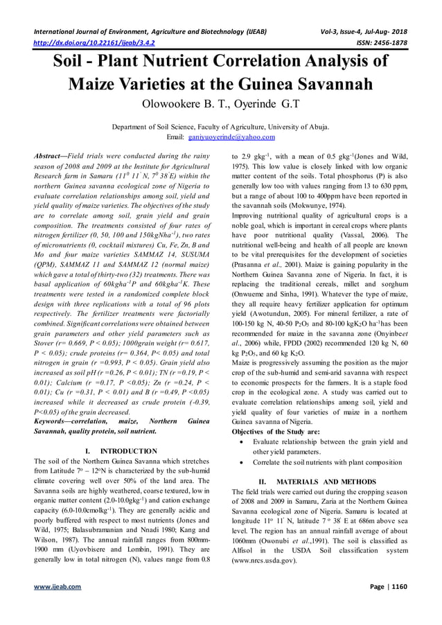 Soil - Plant Nutrient Correlation Analysis of Maize Varieties at the ...
