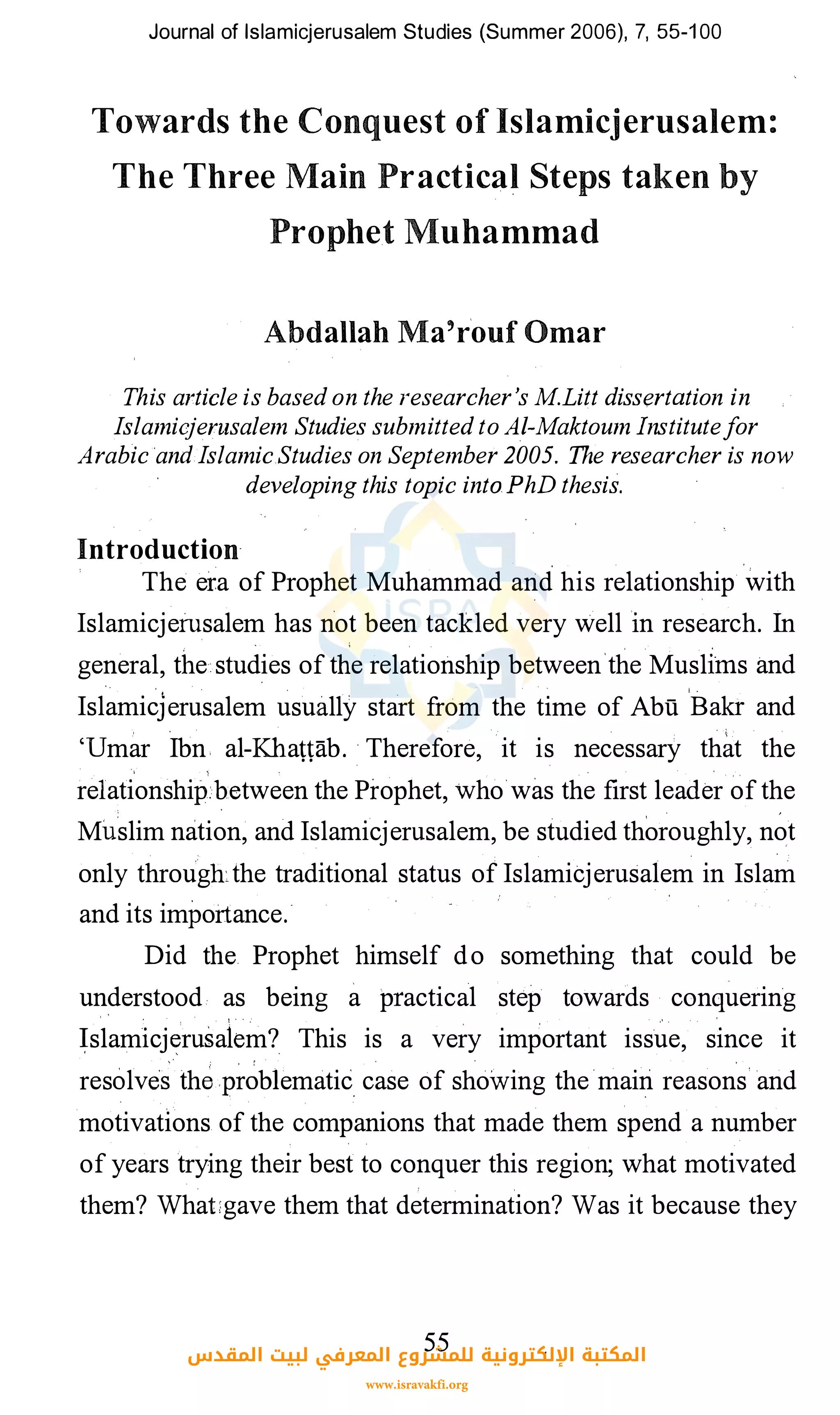 Towards the Conquest of Islamicjerusalem: The Three Main Practical ...